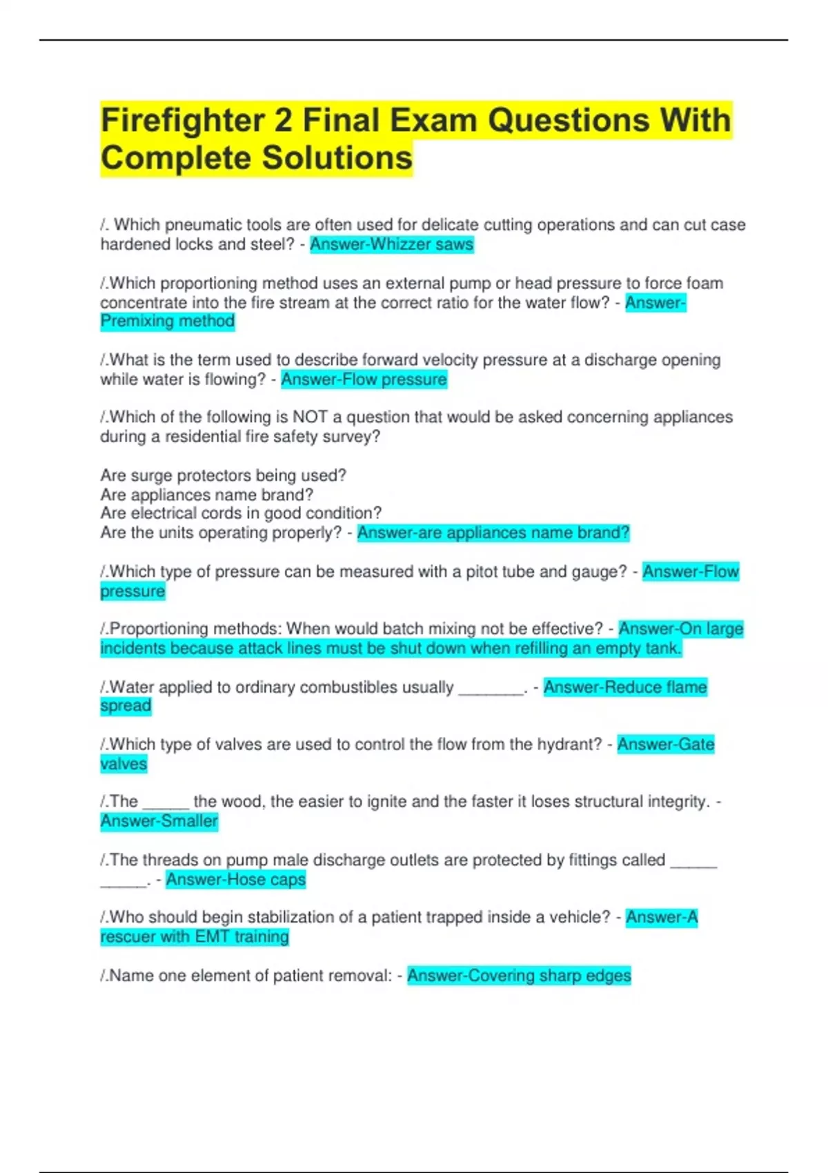 Firefighter 2 Final Exam Questions With Complete Solutions ...