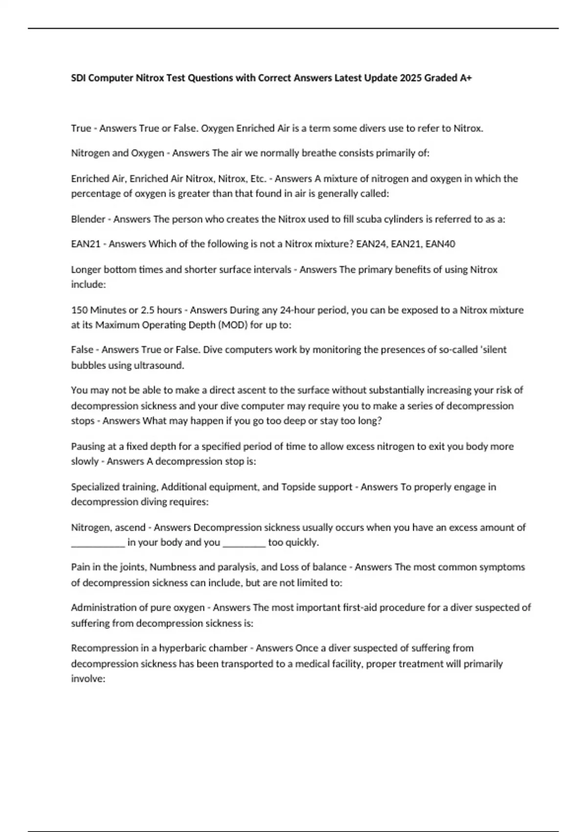 SDI Computer Nitrox Test Questions with Correct Answers Latest Update ...