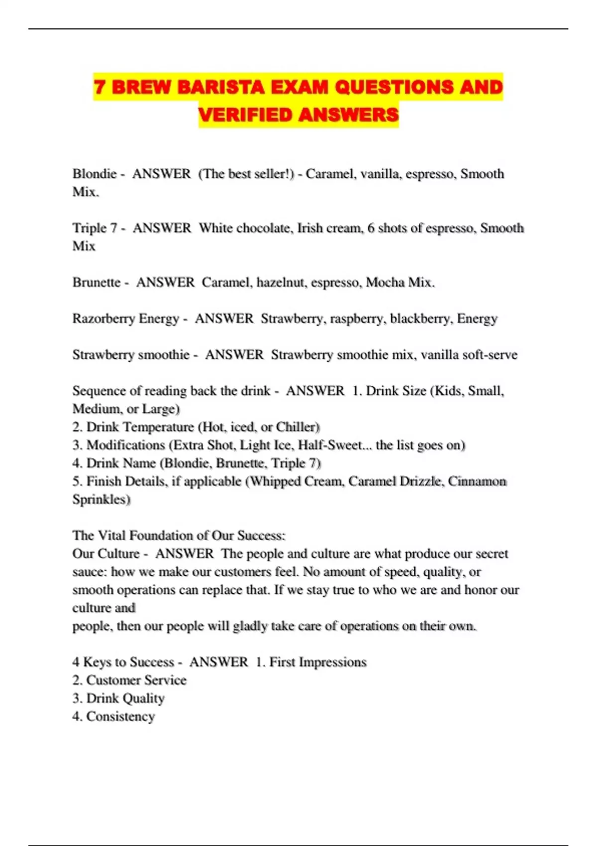 7 BREW BARISTA EXAM QUESTIONS AND VERIFIED ANSWERS - 7 BREW - Stuvia UK