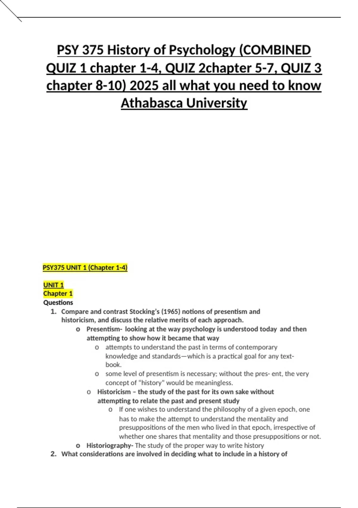 PSY 375 History of Psychology (COMBINED QUIZ 1 chapter 1-4, QUIZ ...
