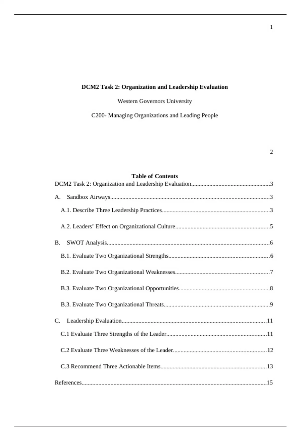 Summary 1 DCM2 Task 2: Organization and Leadership Evaluation Western ...