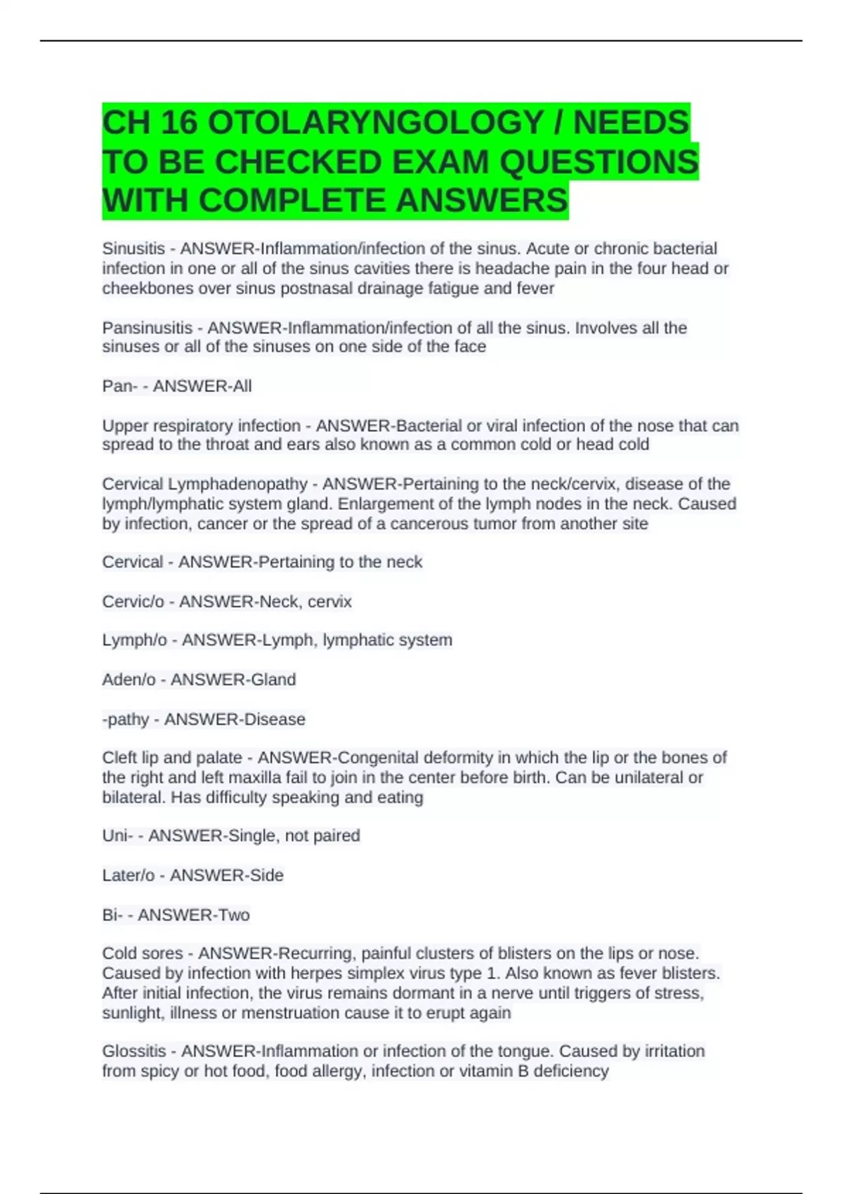 CH 16 OTOLARYNGOLOGY / NEEDS TO BE CHECKED EXAM QUESTIONS WITH COMPLETE ANSWERS - Ear Nose and ...