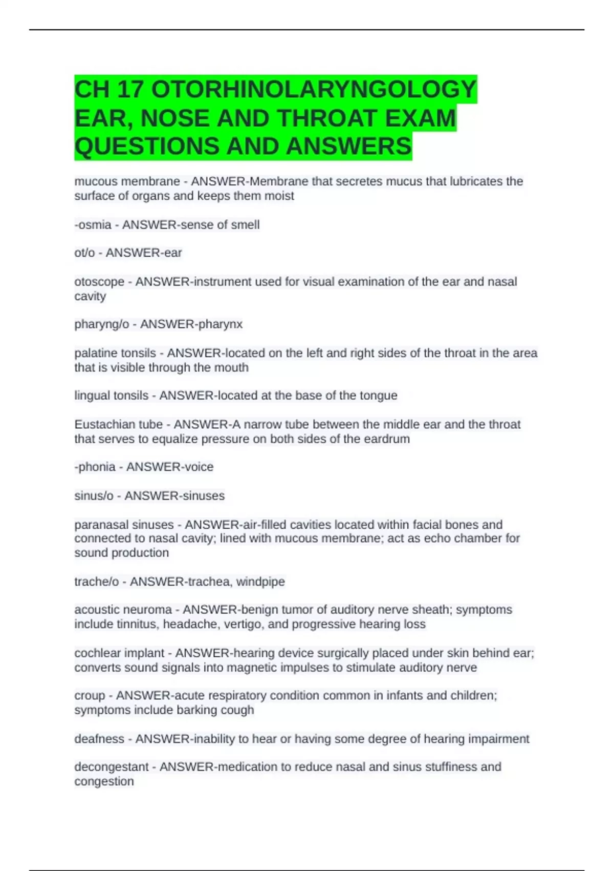 CH 17 OTORHINOLARYNGOLOGY EAR, NOSE AND THROAT EXAM QUESTIONS AND ...