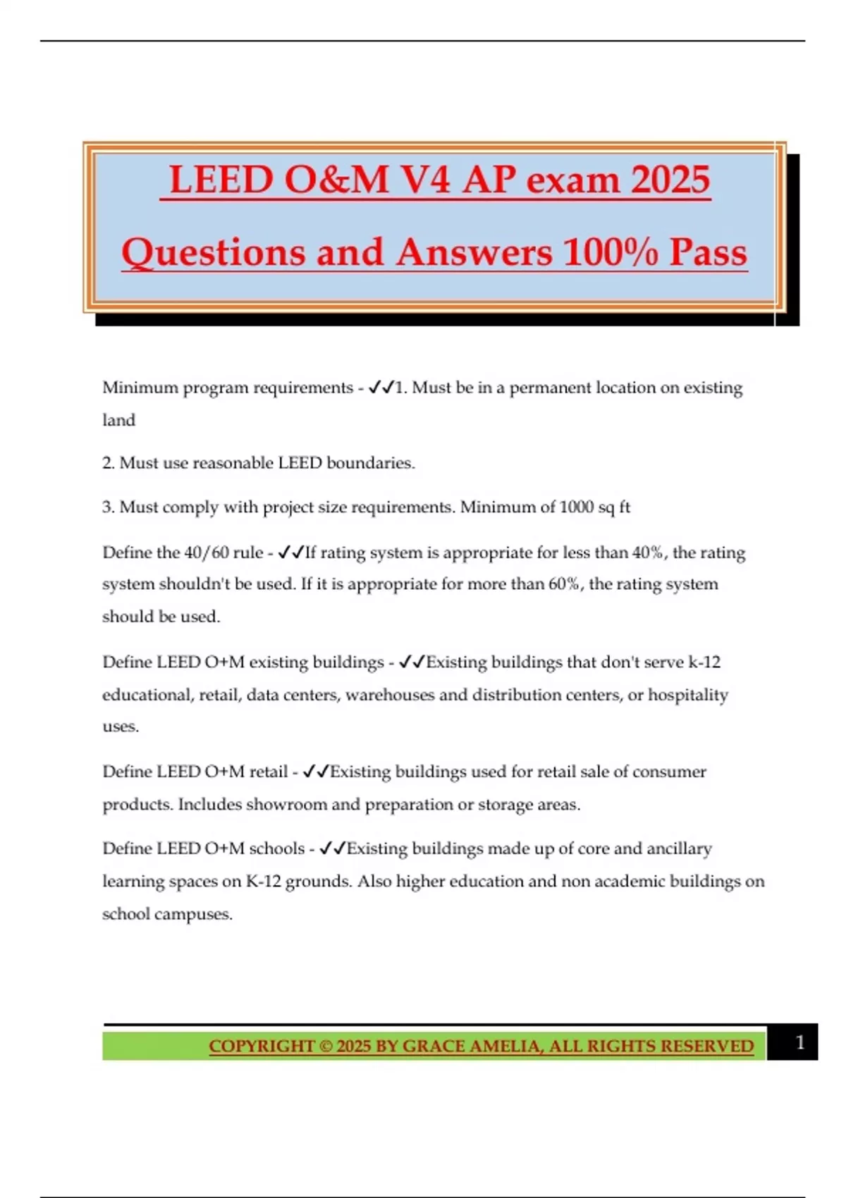 LEED O&M V4 AP exam 2025 Questions and Answers 100% Pass - LEED - Stuvia US