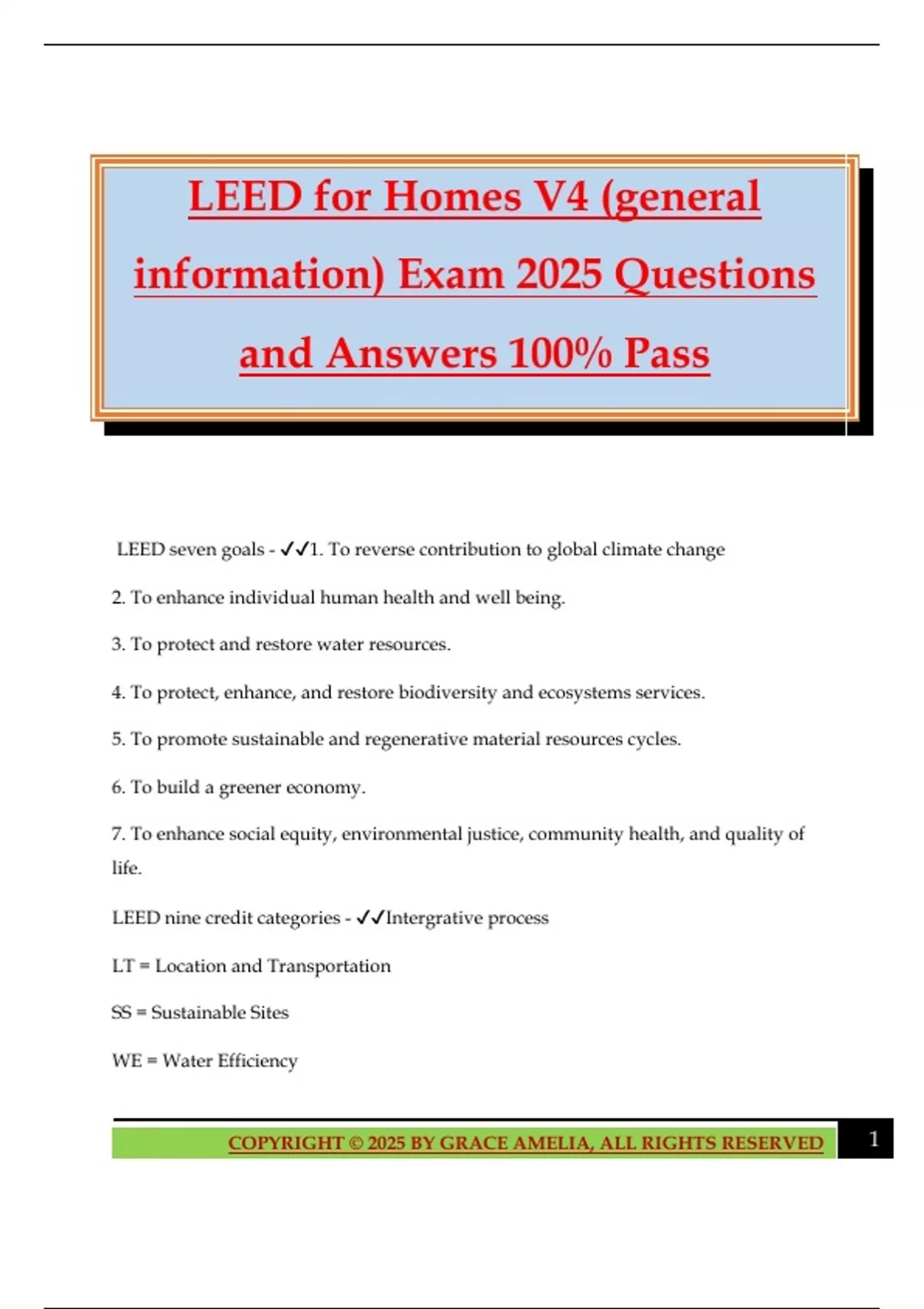 LEED for Homes V4 (general information) Exam 2025 Questions and Answers 100% Pass - LEED - Stuvia US
