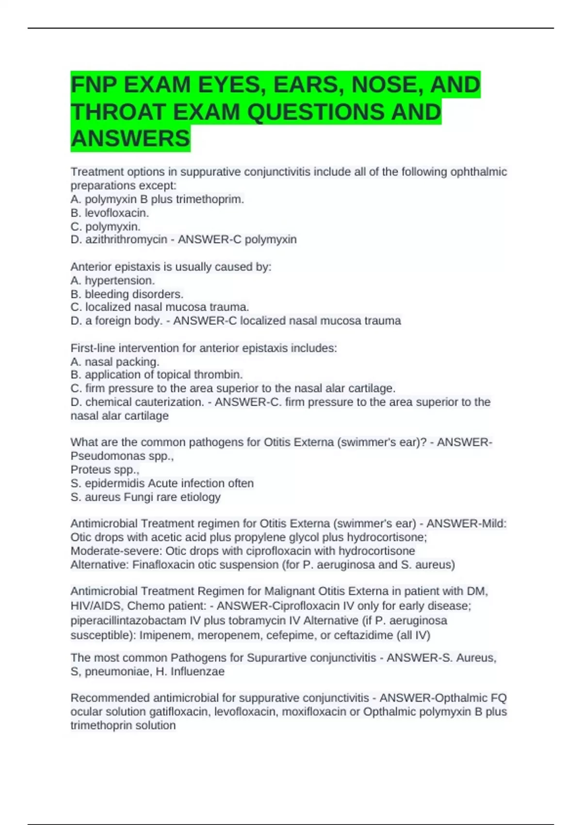 FNP EXAM EYES, EARS, NOSE, AND THROAT EXAM QUESTIONS AND ANSWERS - Ear ...