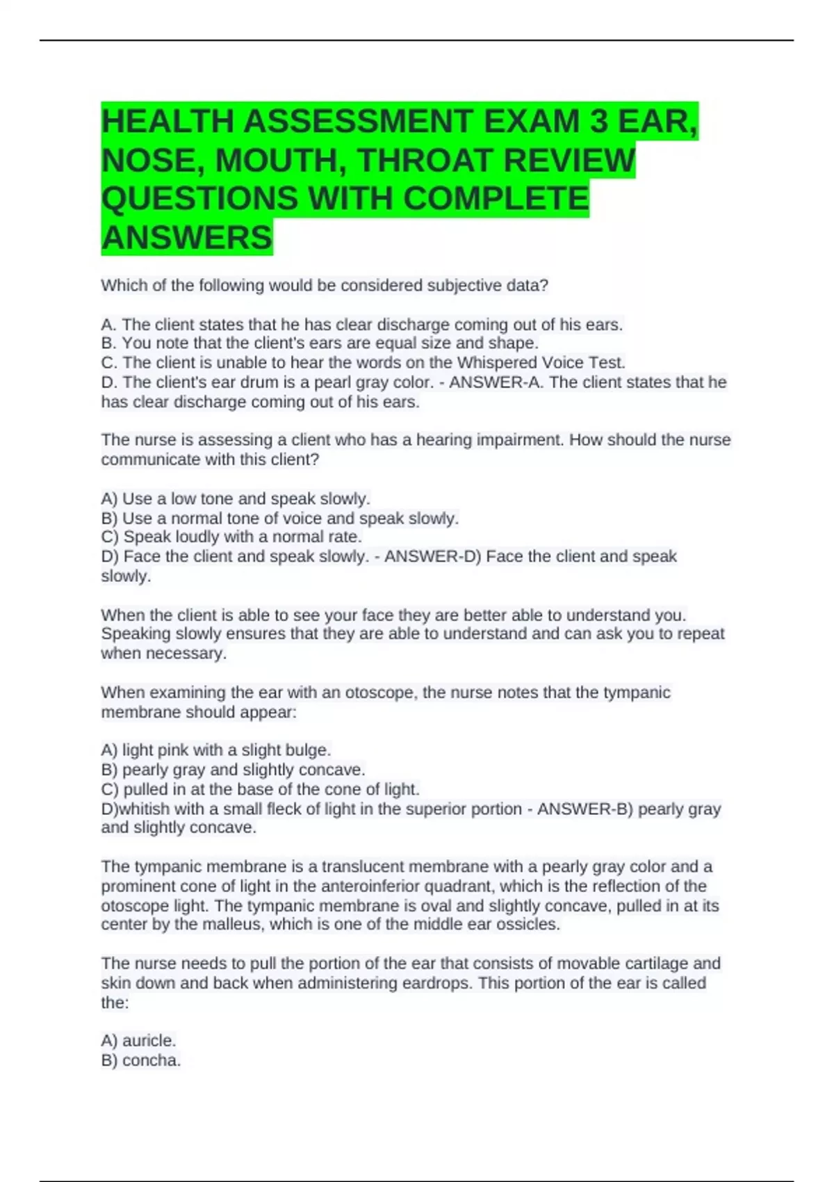 HEALTH ASSESSMENT EXAM 3 EAR, NOSE, MOUTH, THROAT REVIEW QUESTIONS WITH ...