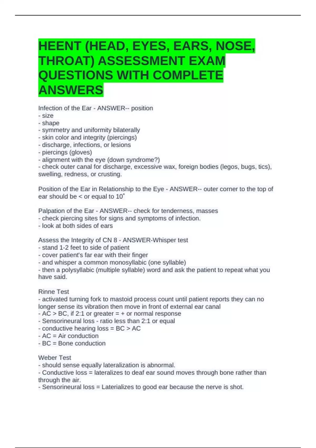 HEENT (HEAD, EYES, EARS, NOSE, THROAT) ASSESSMENT EXAM QUESTIONS WITH ...