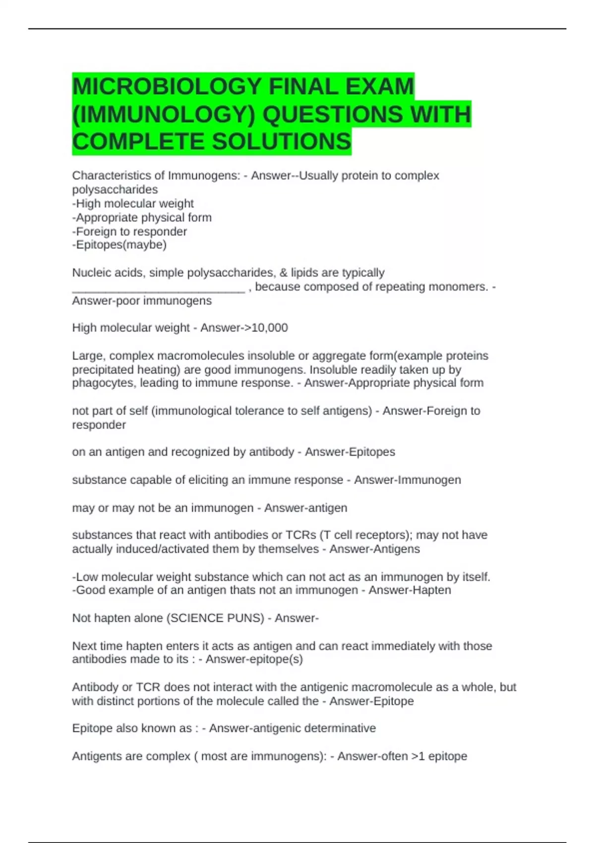 MICROBIOLOGY FINAL EXAM (IMMUNOLOGY) QUESTIONS WITH COMPLETE SOLUTIONS ...