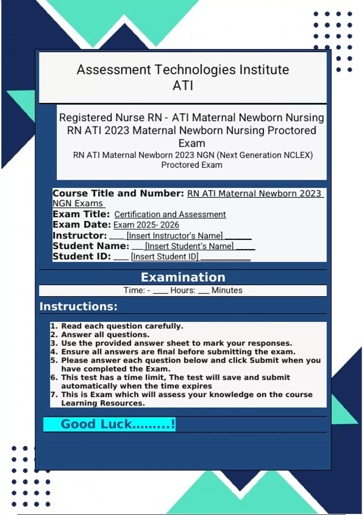 RN ATI 2023 Maternal Newborn Proctored Exam Study Guide NGN (Next ...