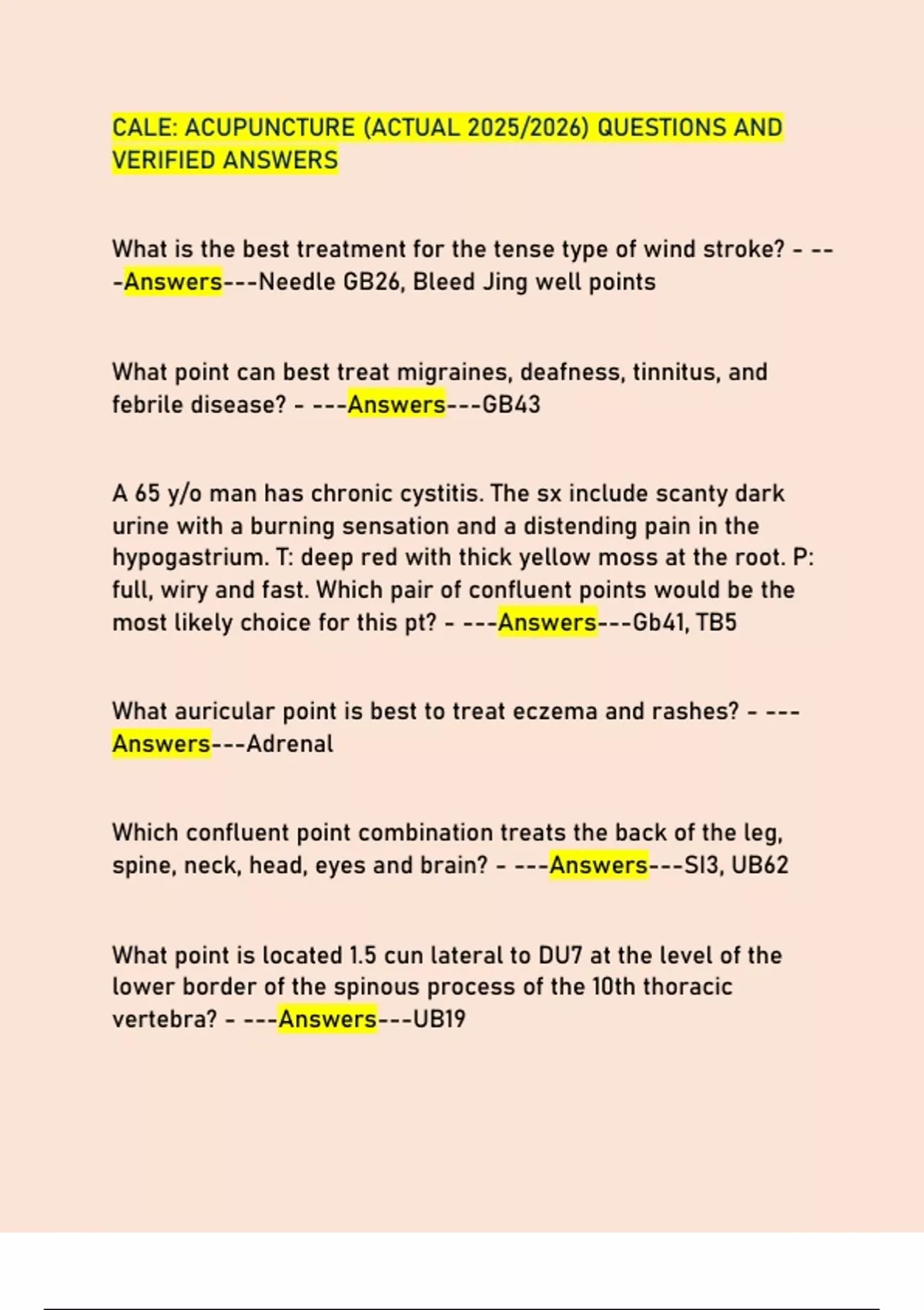 CALE: ACUPUNCTURE (ACTUAL 2025/2026) QUESTIONS AND VERIFIED ANSWERS ...
