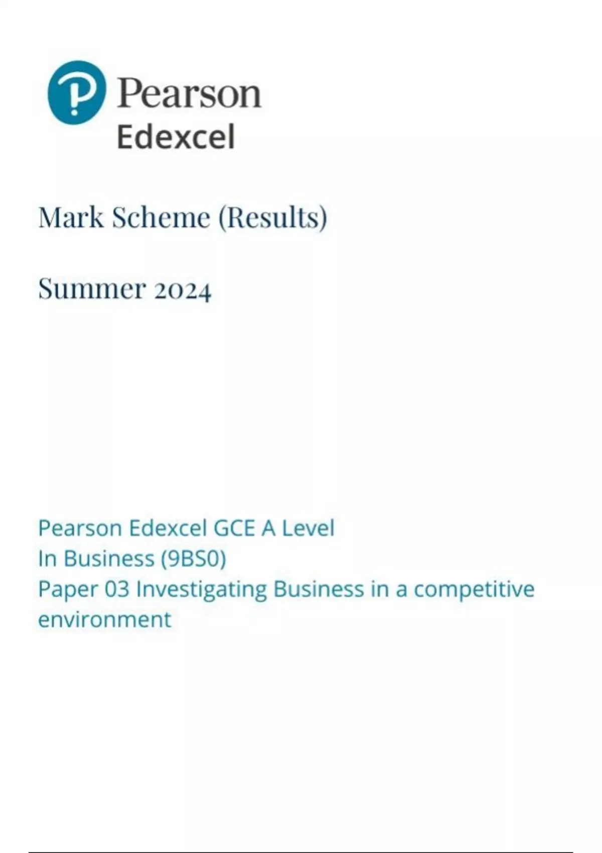 Pearson Edexcel GCE A Level In Business (9BS0) 9bs0-03 Paper 03 ...