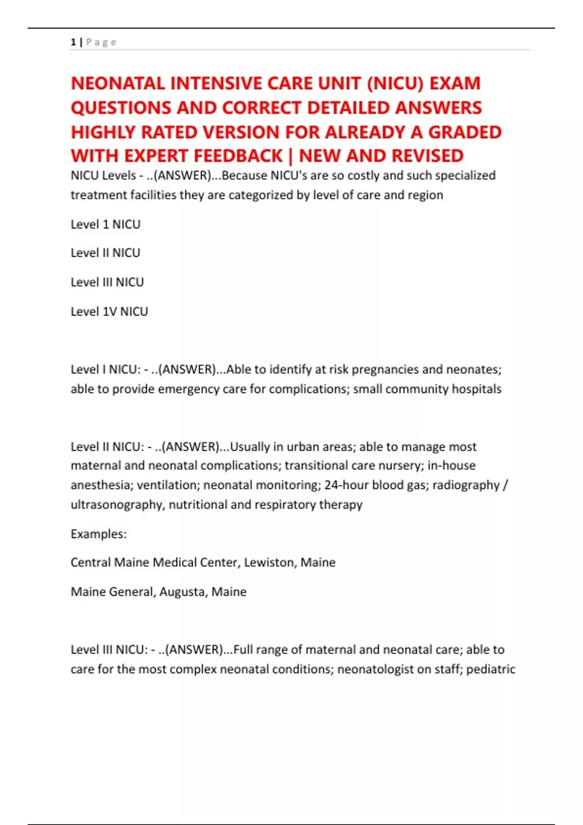 NEONATAL INTENSIVE CARE UNIT (NICU) EXAM QUESTIONS AND CORRECT DETAILED ...