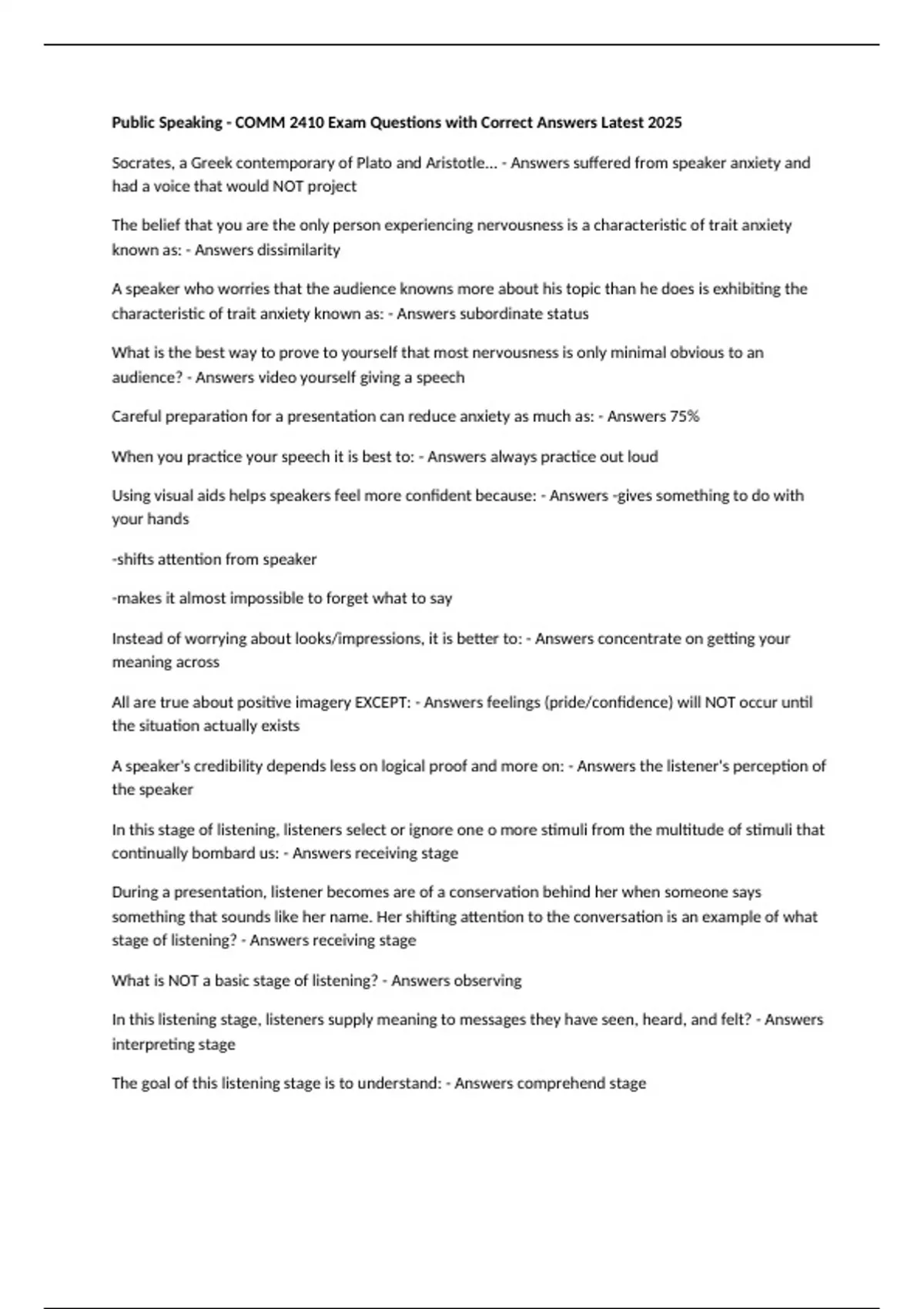 Public Speaking - COMM 2410 Exam Questions with Correct Answers Latest ...