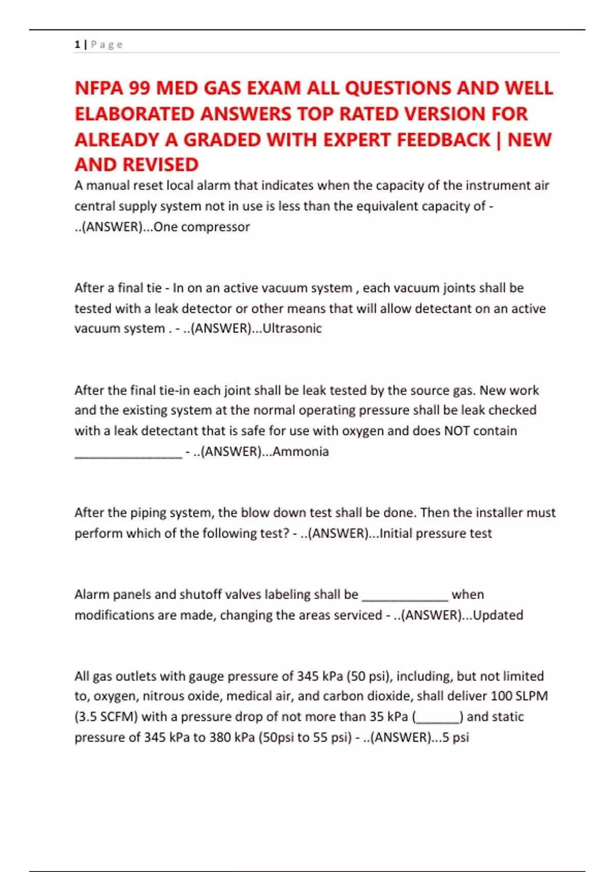 NFPA 99 MED GAS EXAM ALL QUESTIONS AND WELL ELABORATED ANSWERS TOP ...