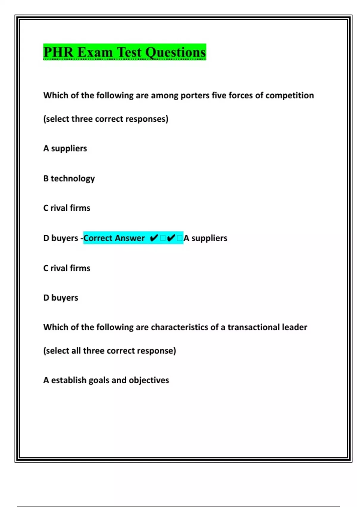 Phr Exam Test Questions With Premium Expert Answers Test Your Skill 2025 2026 Exam Phr