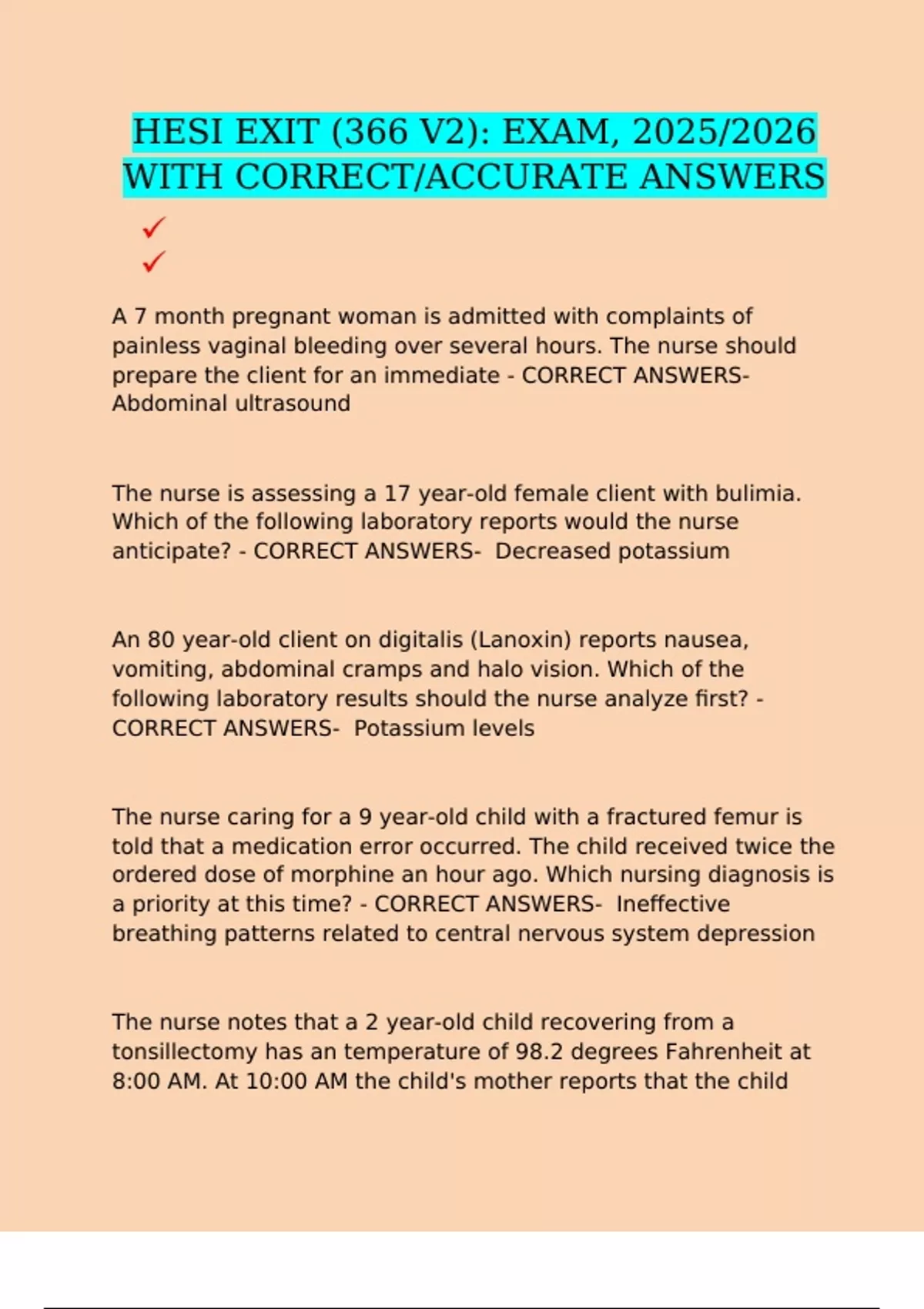 HESI EXIT (366 V2): EXAM, 2025/2026 WITH CORRECT/ACCURATE ANSWERS ...