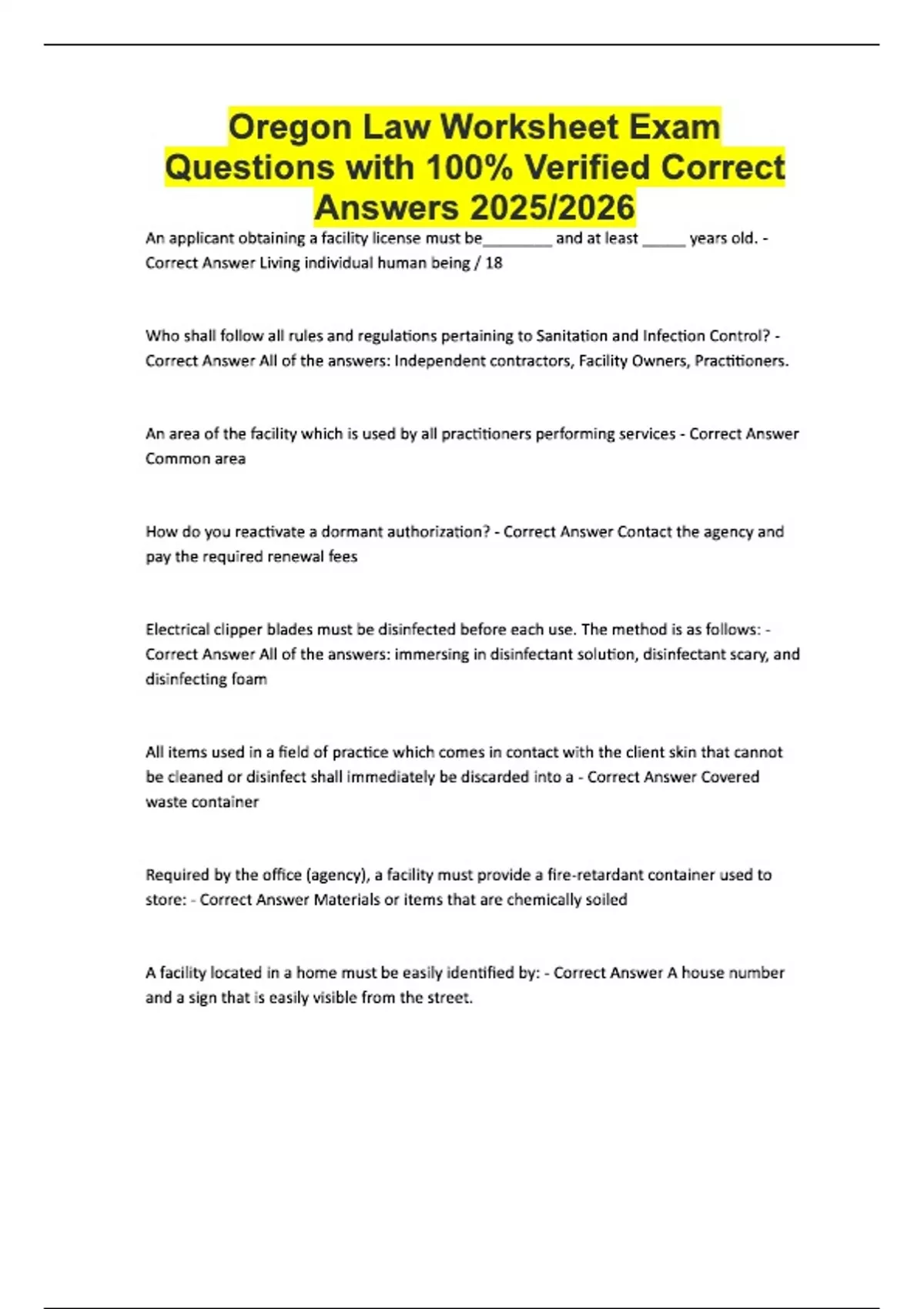 Oregon Law Worksheet Exam Questions with 100% Verified Correct Answers ...