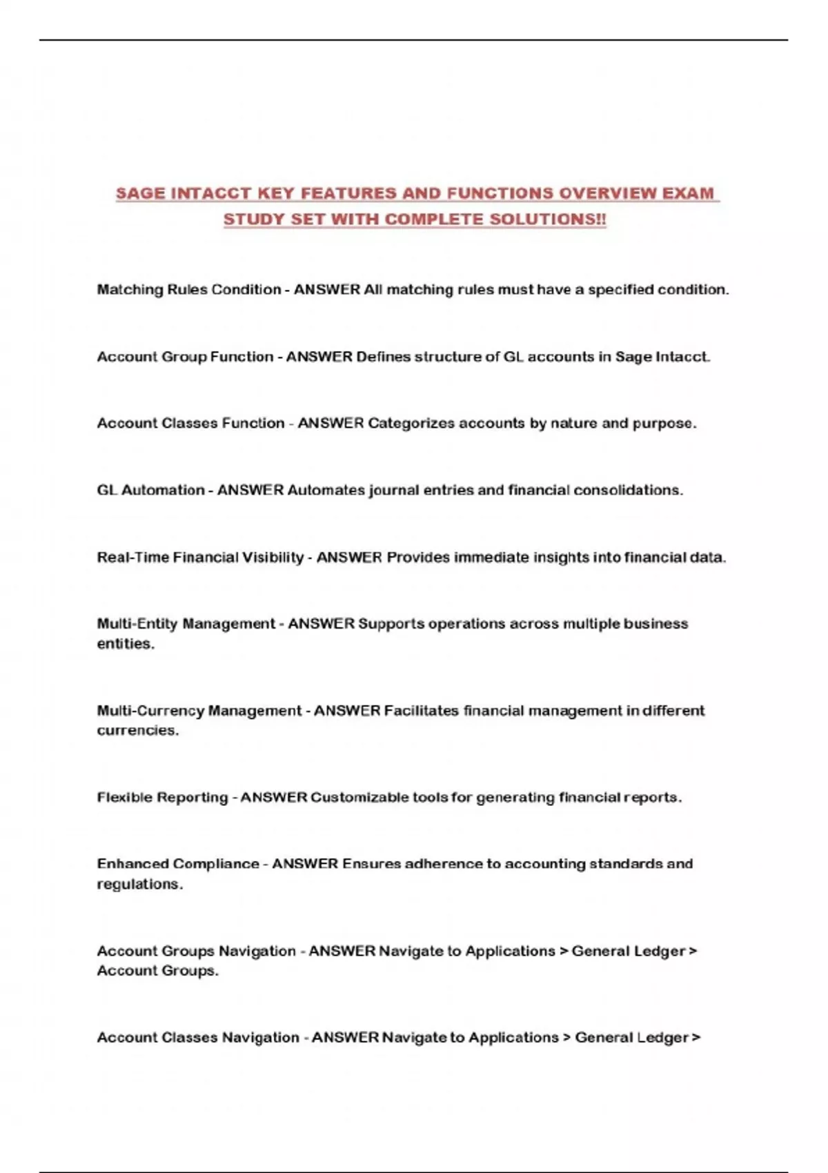 SAGE INTACCT KEY FEATURES AND FUNCTIONS OVERVIEW EXAM STUDY SET WITH ...