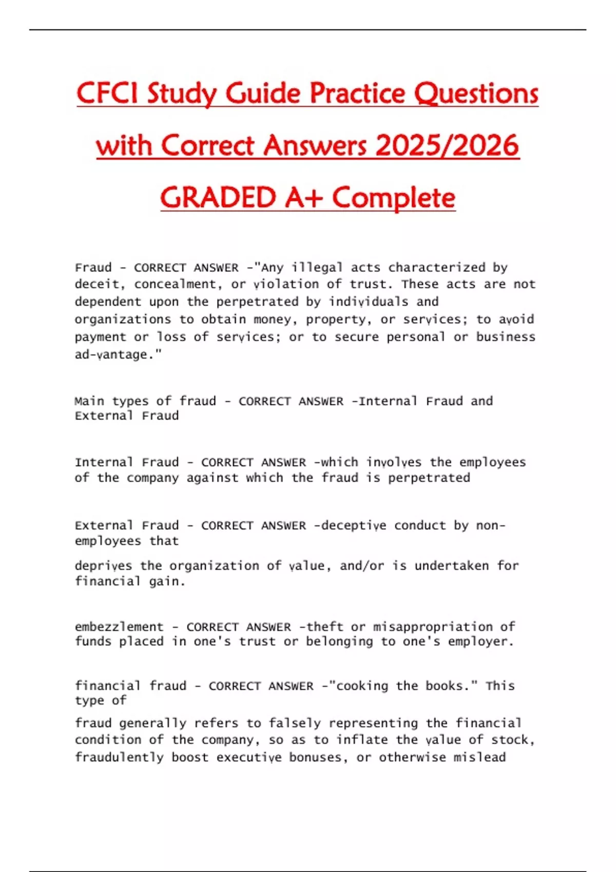 CFCI Study Guide Practice Questions with Correct Answers 2025/2026 GRADED A+ Complete - CFCI ...