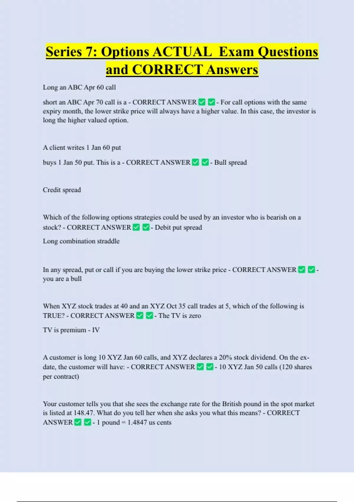 Series 7: Options ACTUAL Exam Questions and CORRECT Answers - Series 7 ...