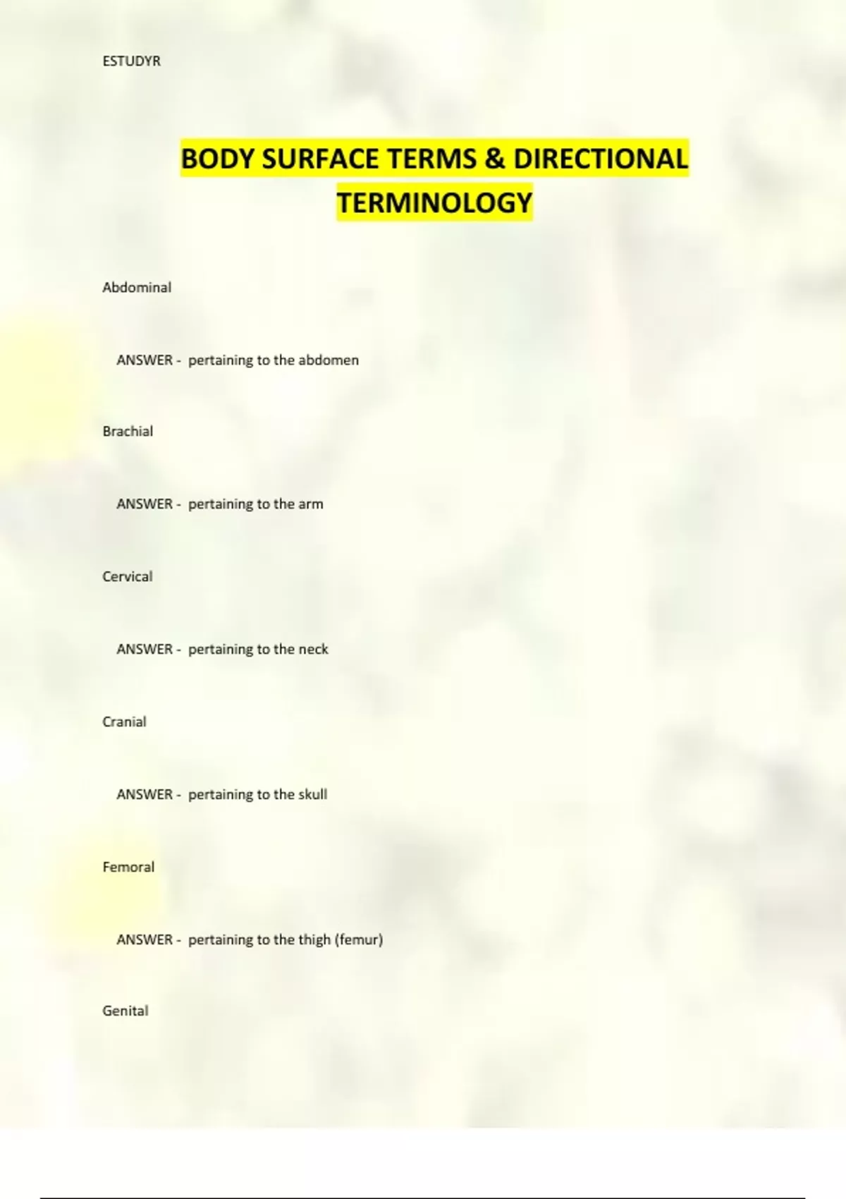 BODY SURFACE TERMS & DIRECTIONAL TERMINOLOGY 2025 - BODY SURFACE TERMS ...