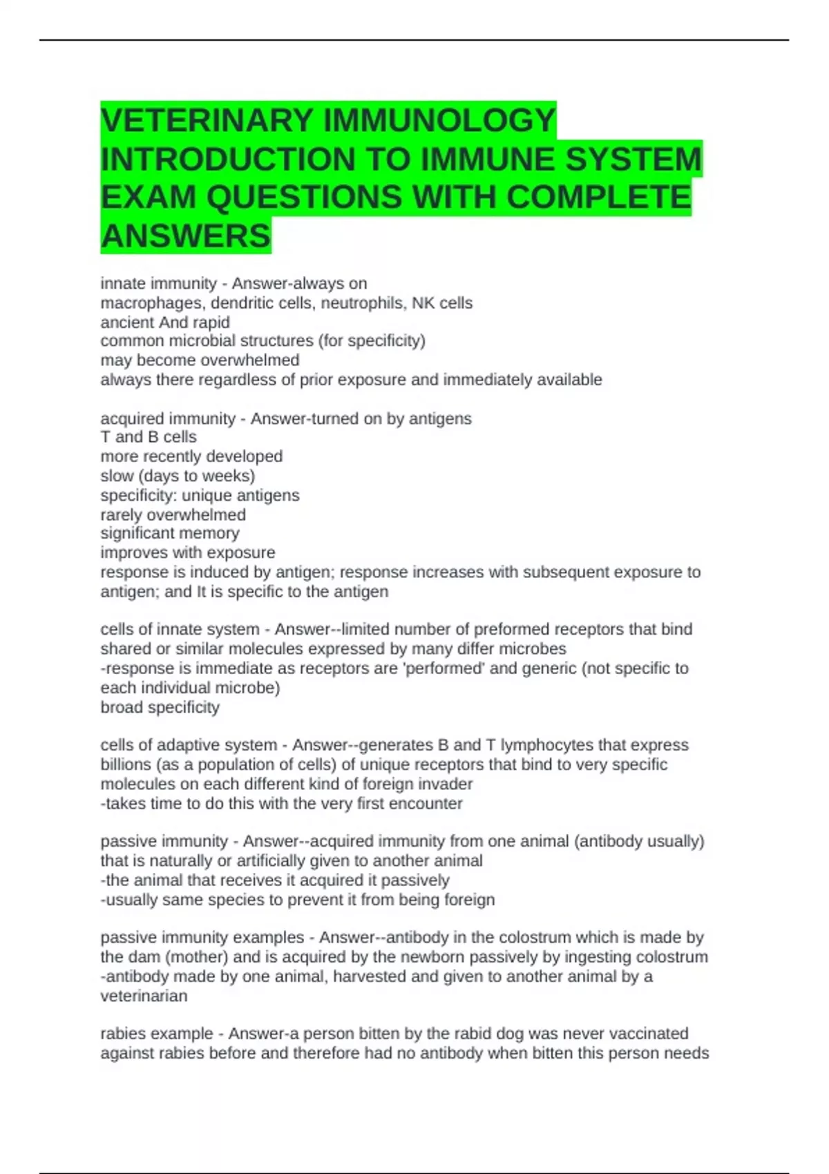 VETERINARY IMMUNOLOGY INTRODUCTION TO IMMUNE SYSTEM EXAM QUESTIONS WITH ...