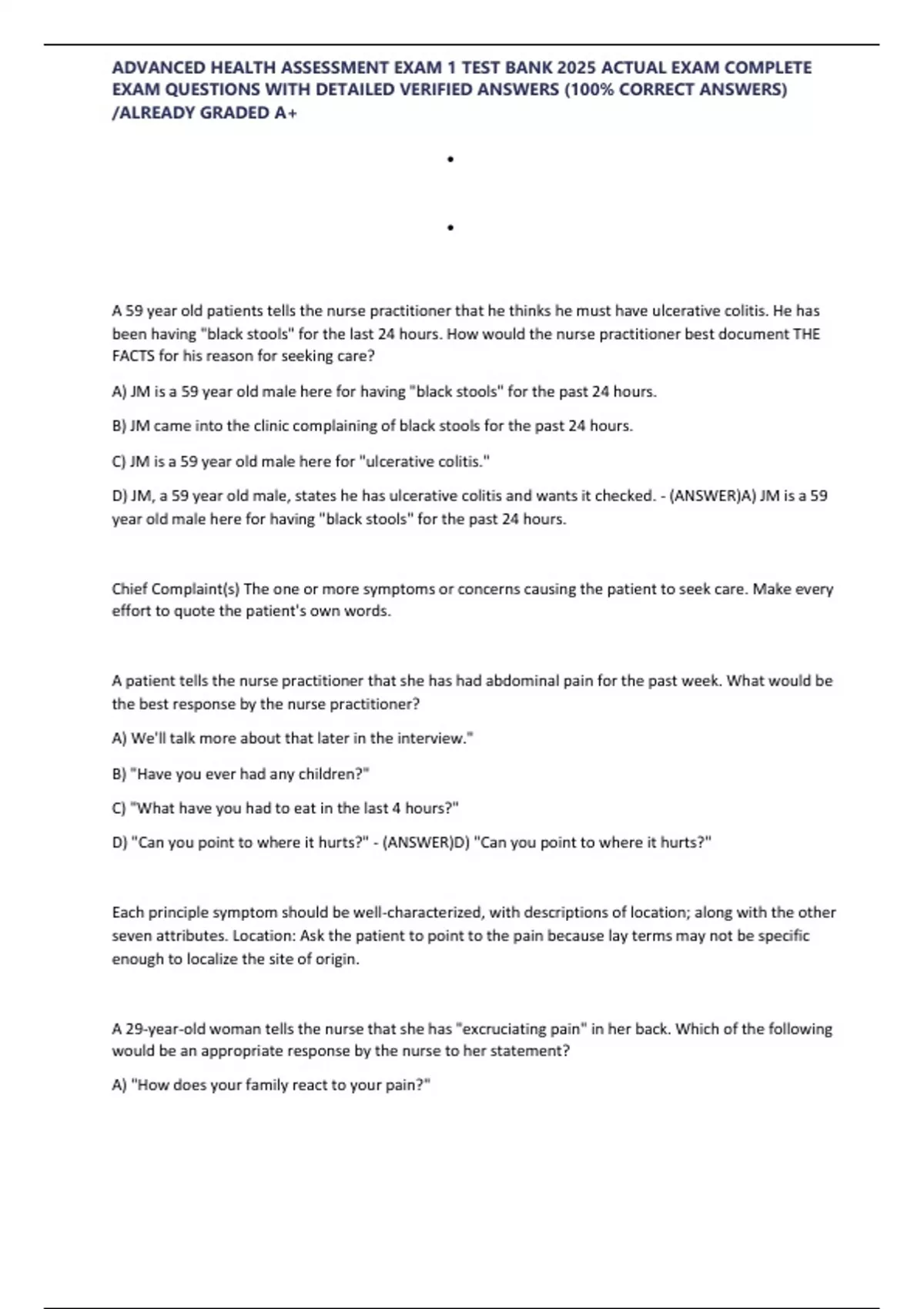 ADVANCED HEALTH ASSESSMENT EXAM 1 TEST BANK 2025 ACTUAL EXAM COMPLETE ...