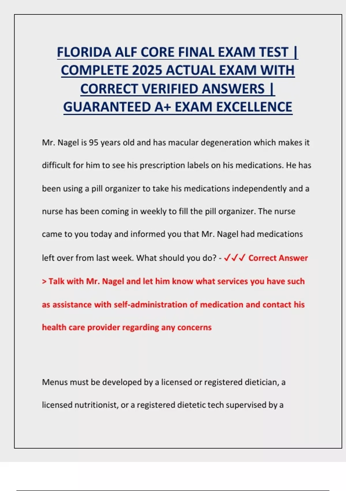 FLORIDA ALF CORE FINAL EXAM TEST | COMPLETE 2025 ACTUAL EXAM WITH ...