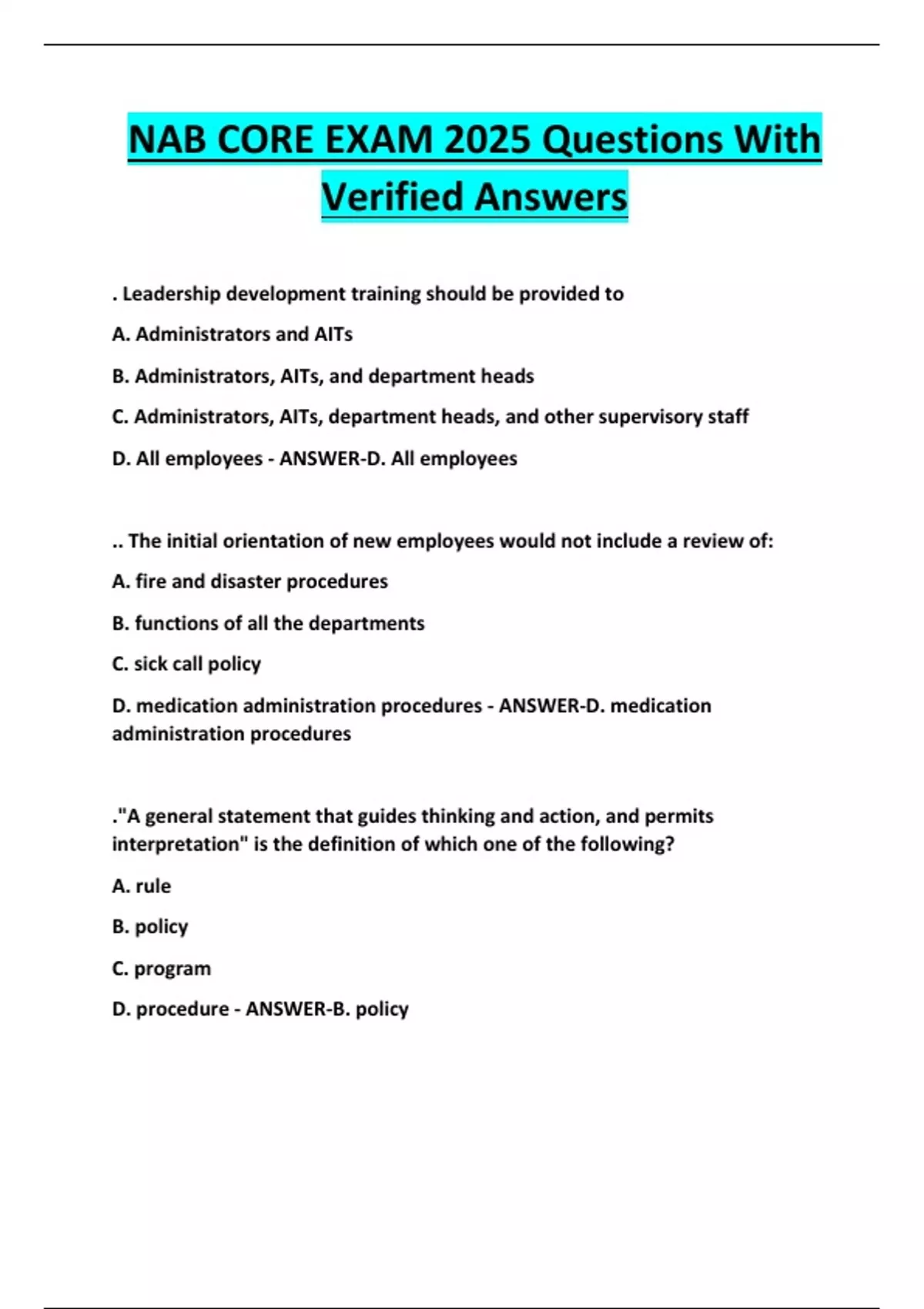 NAB CORE EXAM 2025 Questions With Verified Answers - NAB CORE - Stuvia US