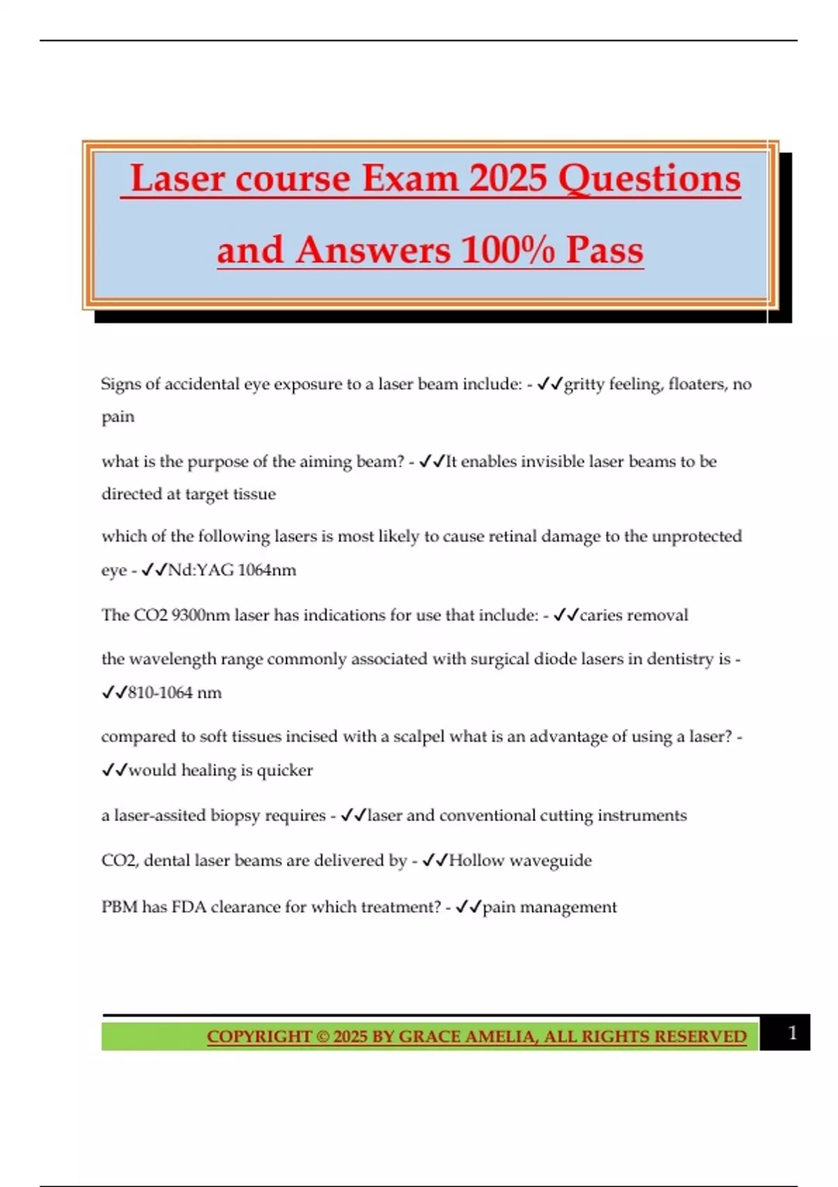 Laser course Exam 2025 Questions and Answers 100% Pass - Laser - Stuvia US