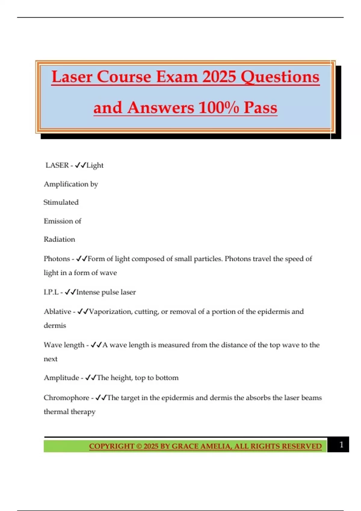 Laser Course Exam 2025 Questions and Answers 100% Pass - Laser - Stuvia US