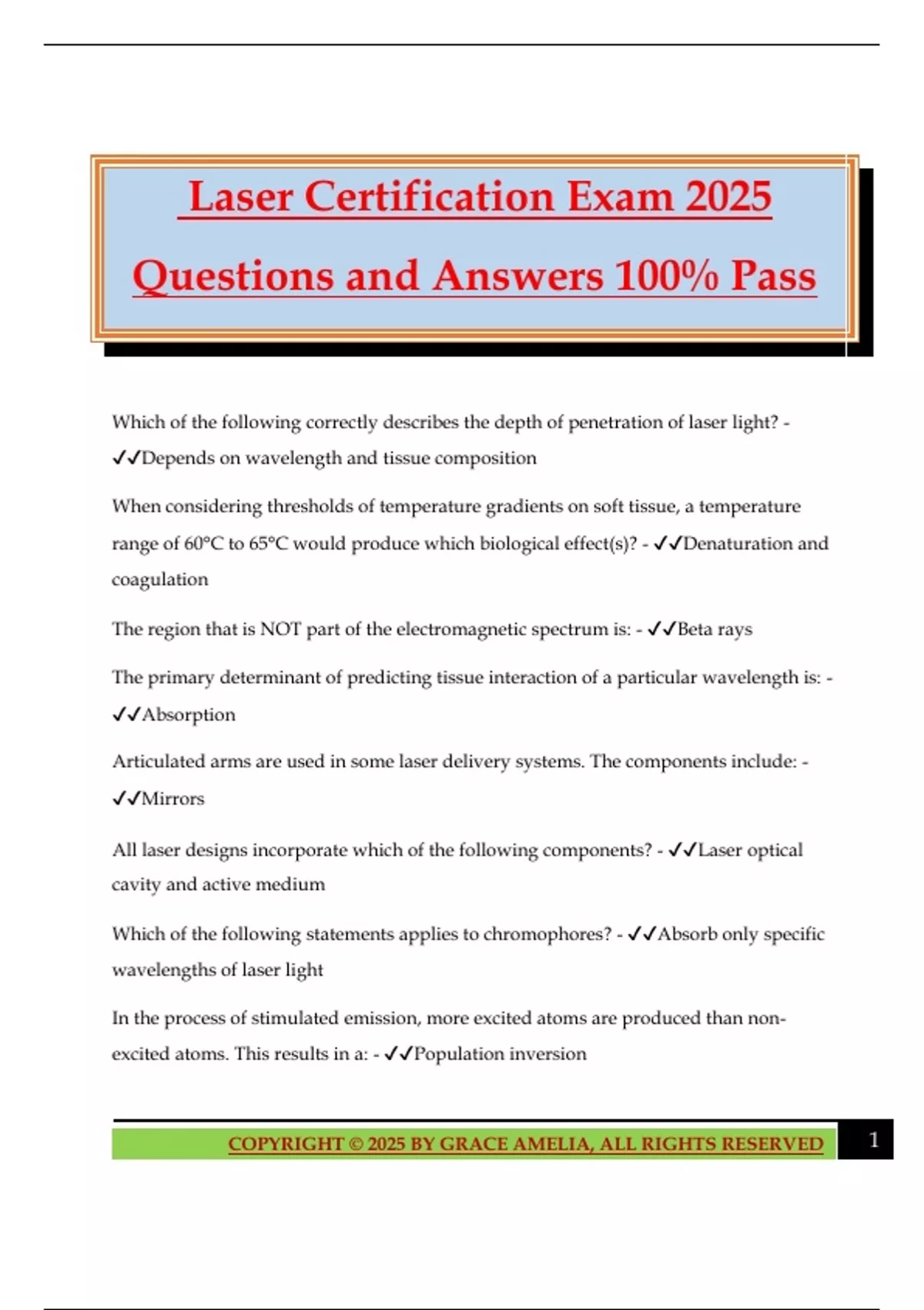 Laser Certification Exam 2025 Questions and Answers 100% Pass - Laser ...
