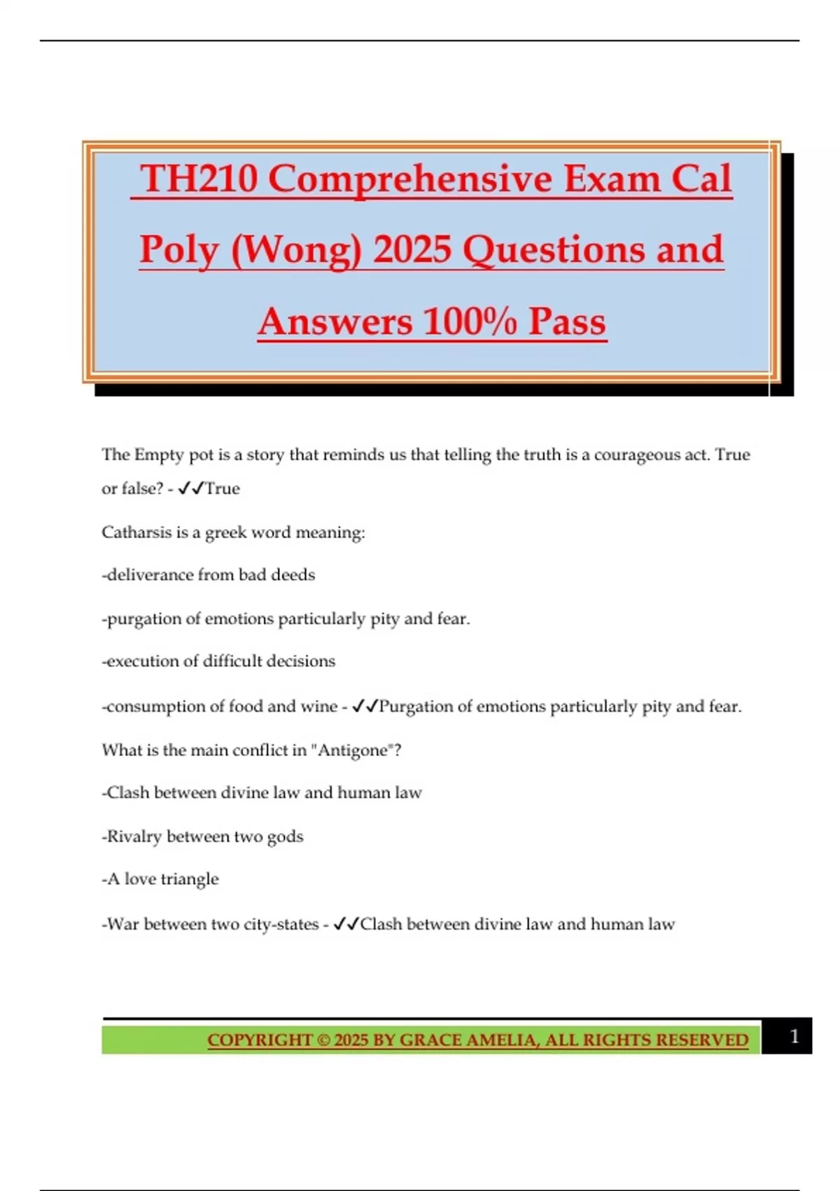 TH210 Comprehensive Exam Cal Poly (Wong) 2025 Questions and Answers 100% Pass - Theater 210 ...