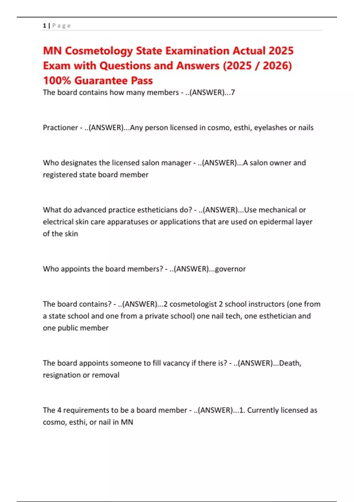 MN Cosmetology State Examination Actual 2025 Exam with Questions and ...