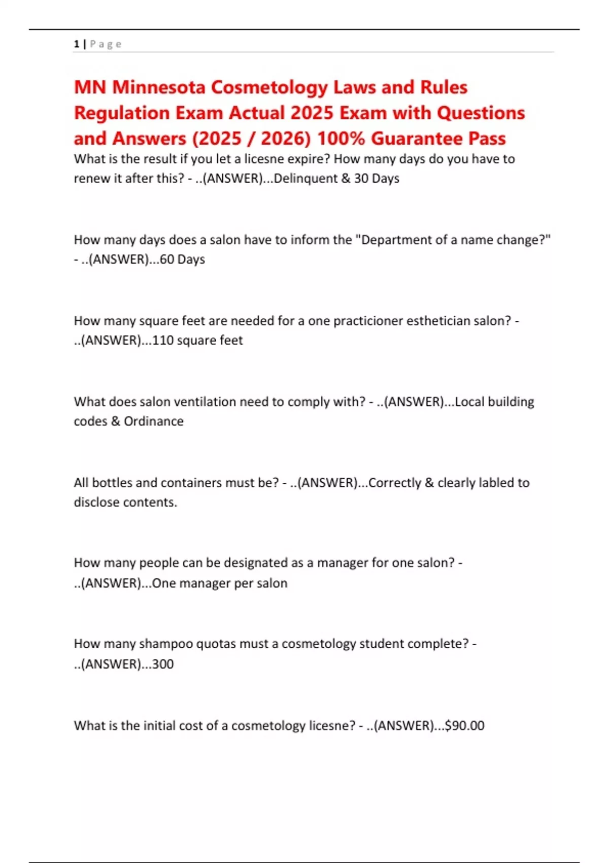 MN Minnesota Cosmetology Laws and Rules Regulation Exam Actual 2025 ...