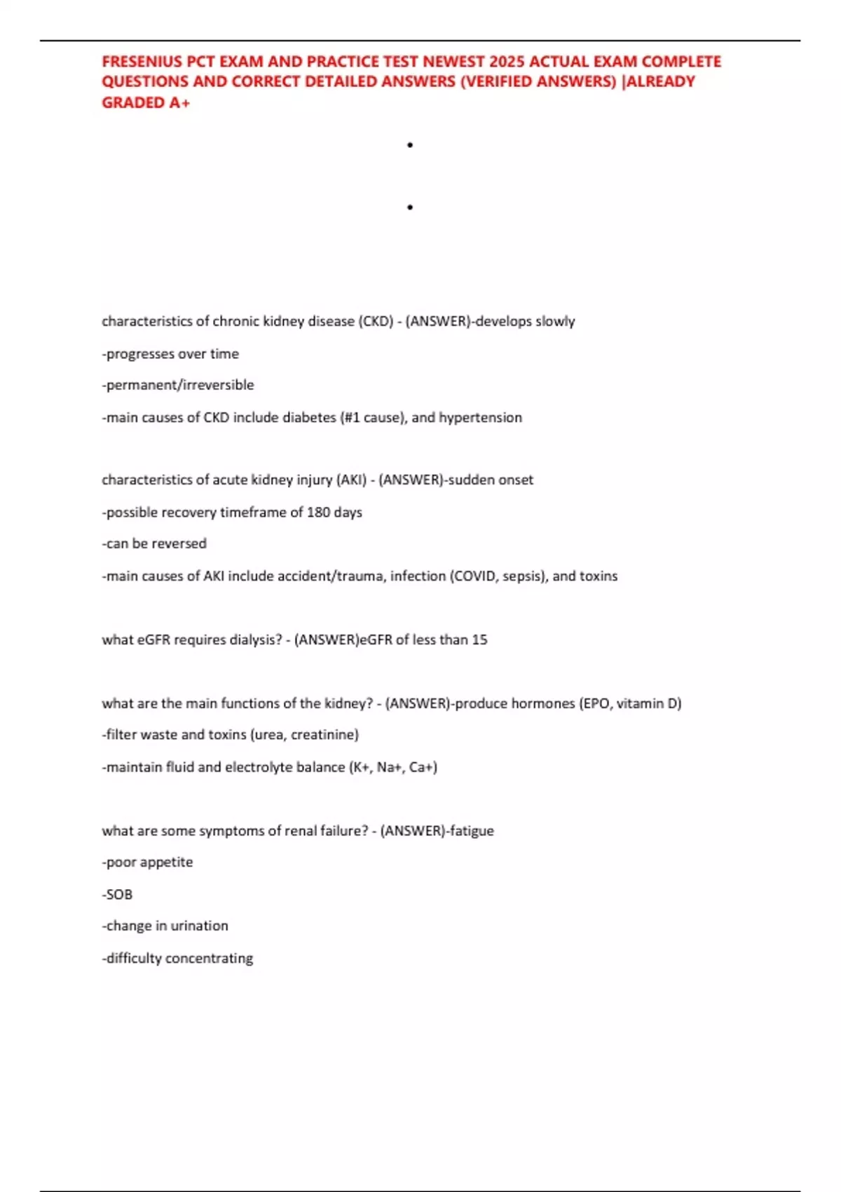 FRESENIUS PCT EXAM AND PRACTICE TEST NEWEST 2025 ACTUAL EXAM COMPLETE ...