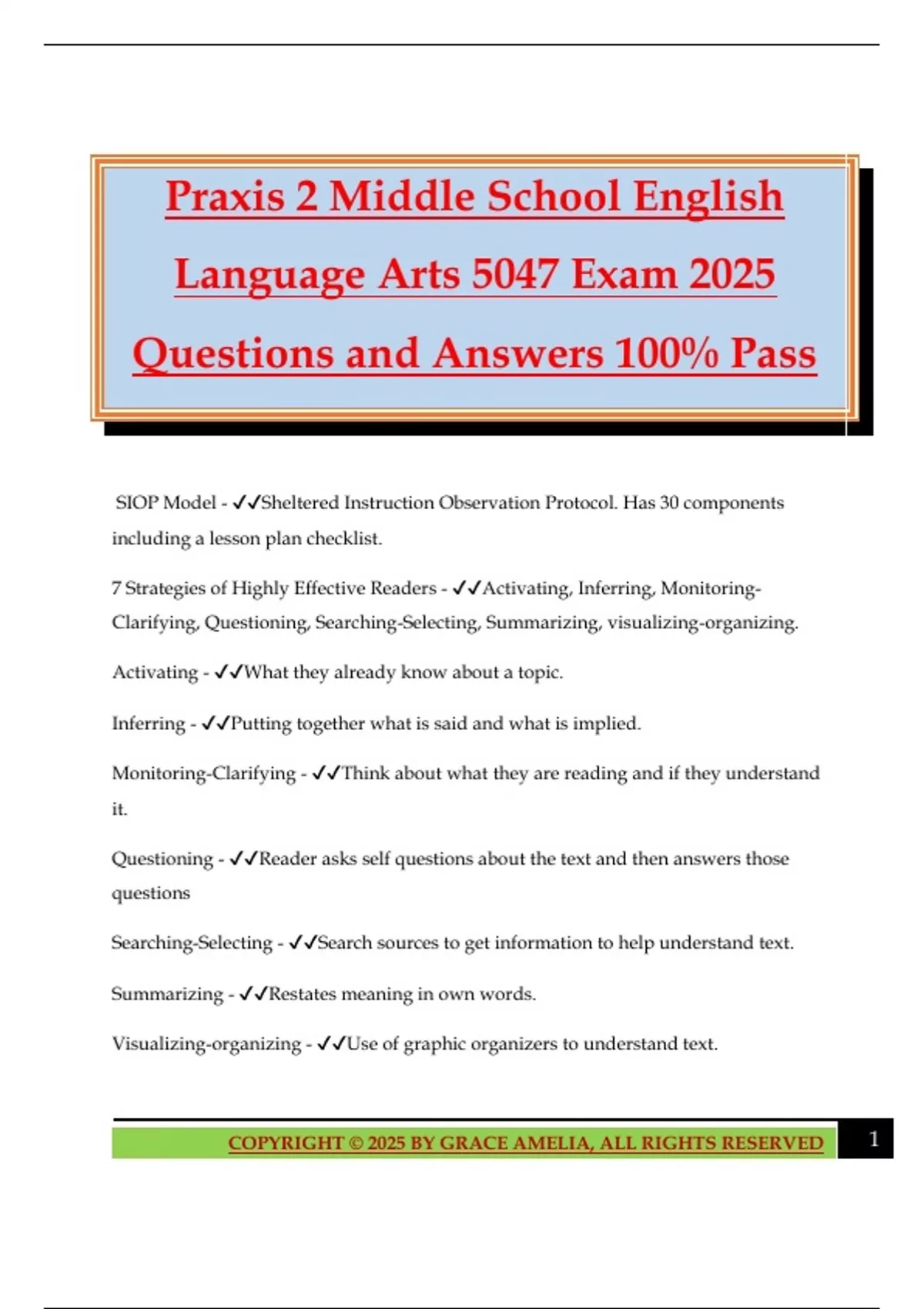 Praxis 2 Middle School English Language Arts 5047 Exam 2025 Questions ...