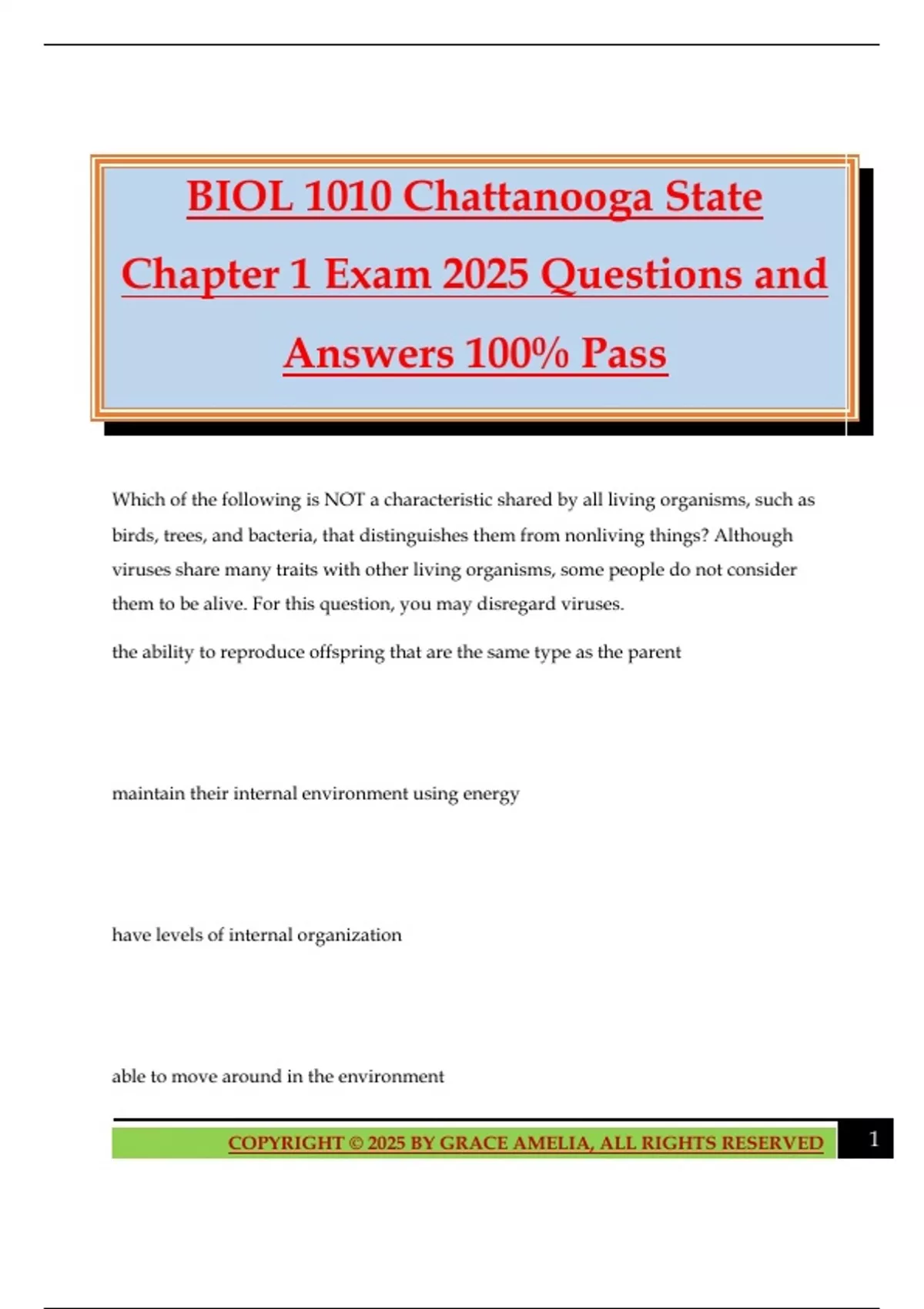 BIOL 1010 Chattanooga State Chapter 1 Exam 2025 Questions and Answers 100% Pass - Biology 1010 ...