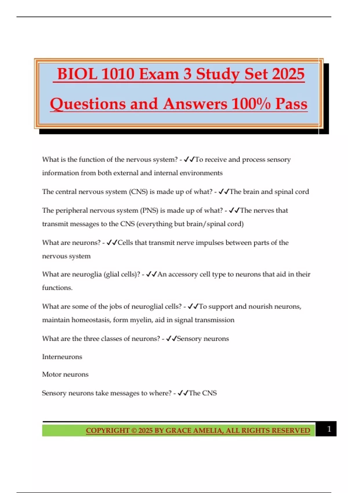 BIOL 1010 Exam 3 Study Set 2025 Questions and Answers 100% Pass - Biology 1010 - Stuvia US