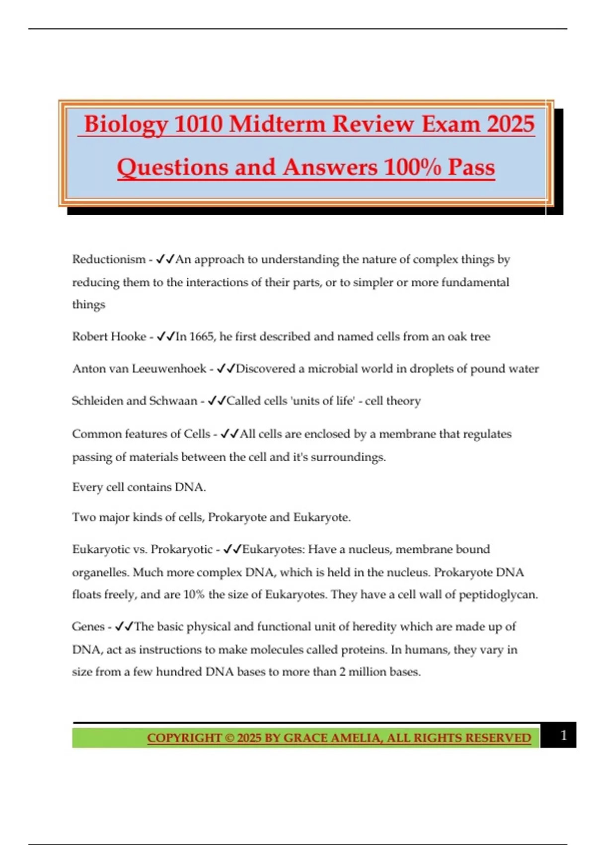 Biology 1010 Midterm Review Exam 2025 Questions and Answers 100% Pass - Biology 1010 - Stuvia US