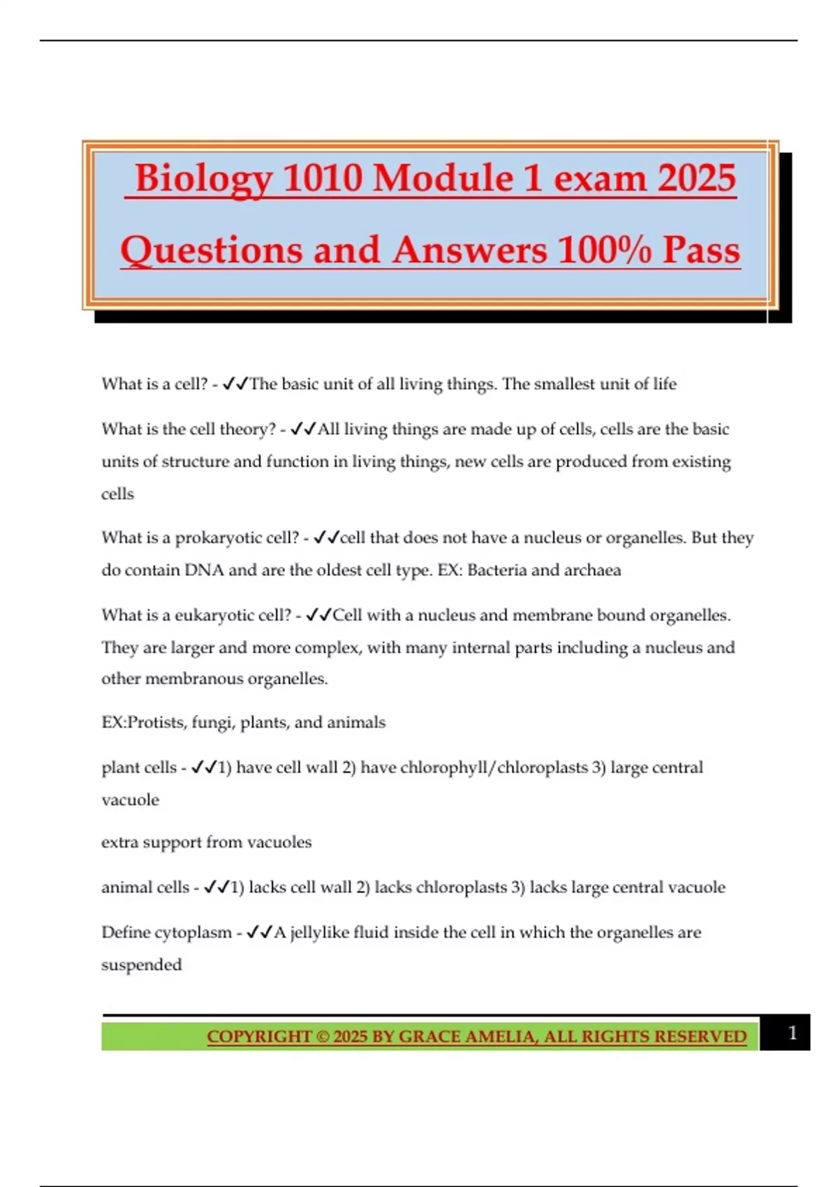 Biology 1010 Module 1 exam 2025 Questions and Answers 100% Pass ...