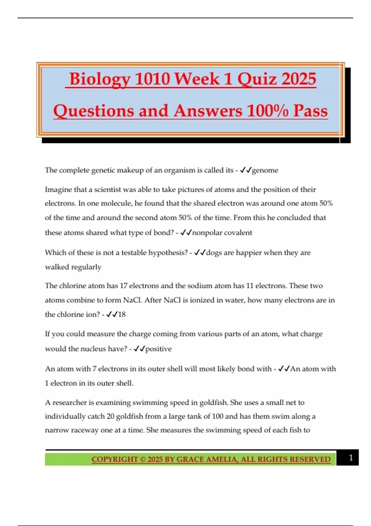 Biology 1010 Week 1 Quiz 2025 Questions and Answers 100% Pass - Biology ...