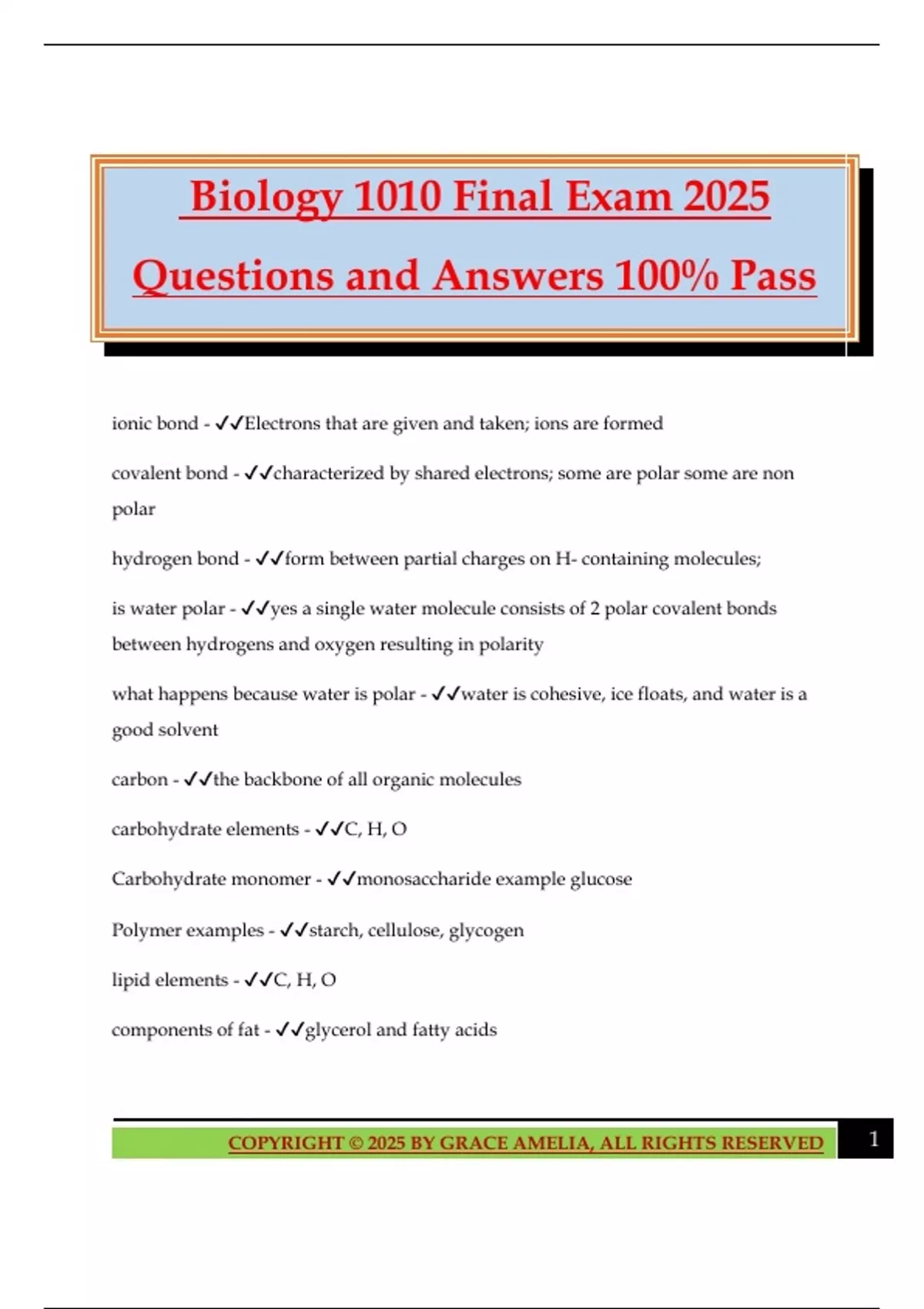 Biology 1010 Final Exam 2025 Questions and Answers 100% Pass - Biology 1010 - Stuvia US
