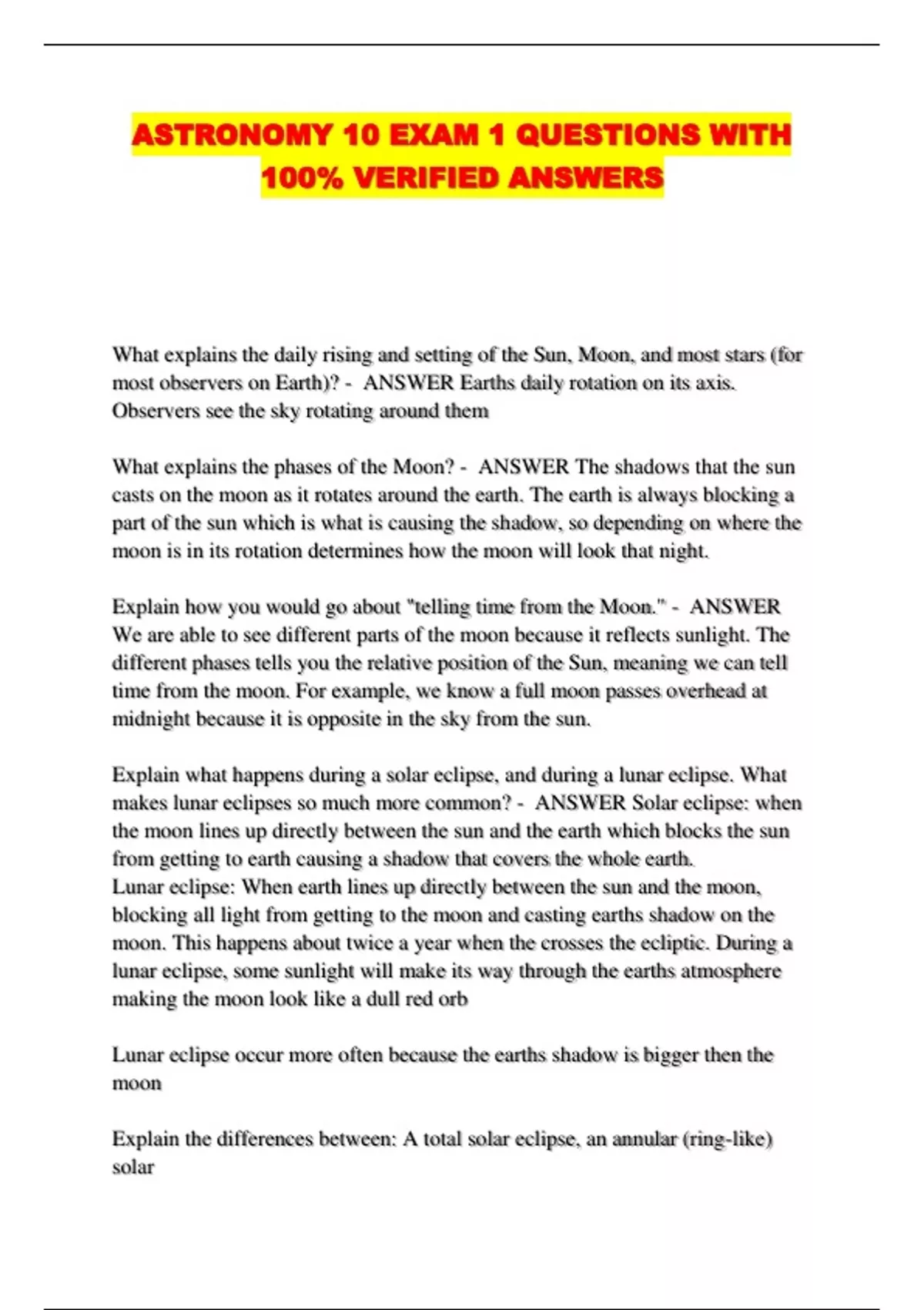 ASTRONOMY 10 / ASTRO 10 PACKAGED EXAMS WITH REALISTIC, VERIFIED PRACTICE QUESTIONS THAT COVER ...