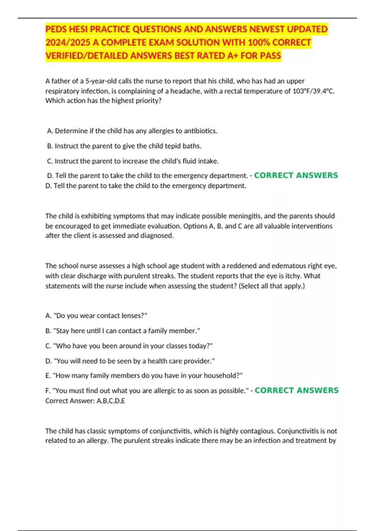 PEDS HESI PRACTICE QUESTIONS AND ANSWERS NEWEST UPDATED 2024/2025 A ...