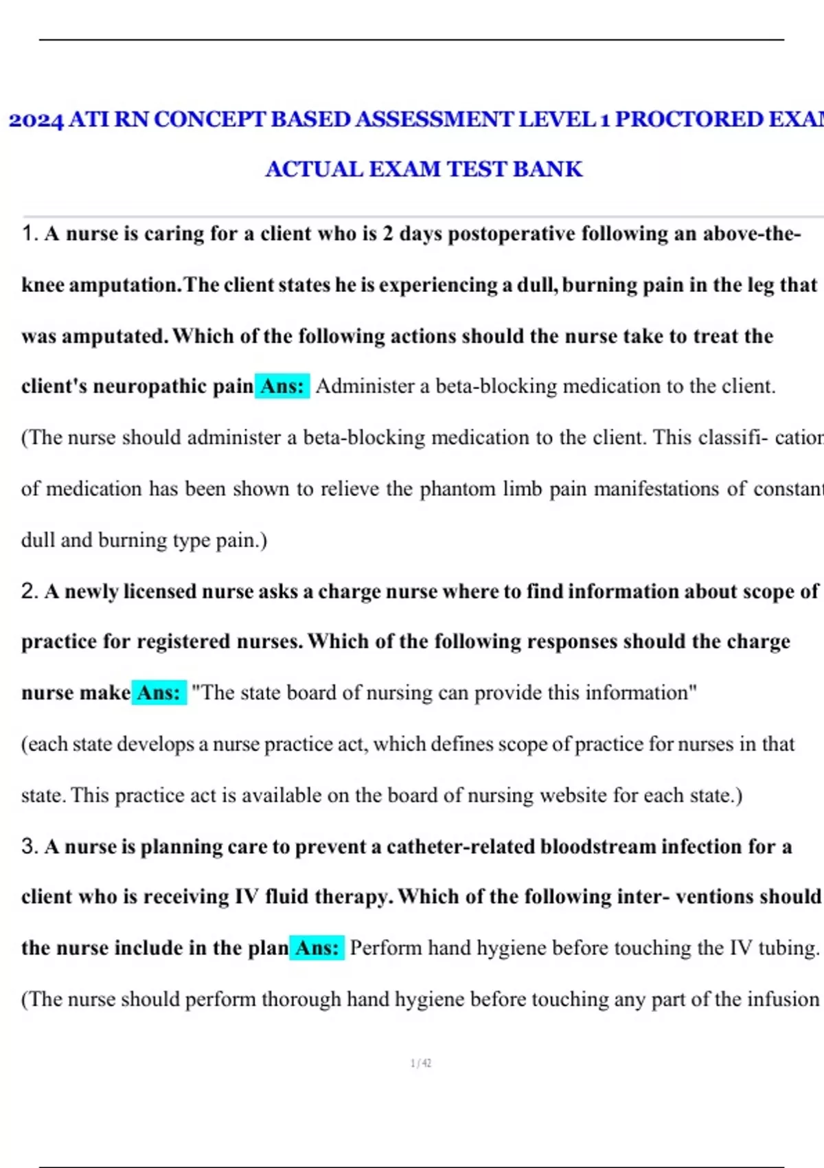 ATI RN CONCEPT BASED ASSESSMENT LEVEL 1 PROCTORED EXAM ACTUAL EXAM TEST ...