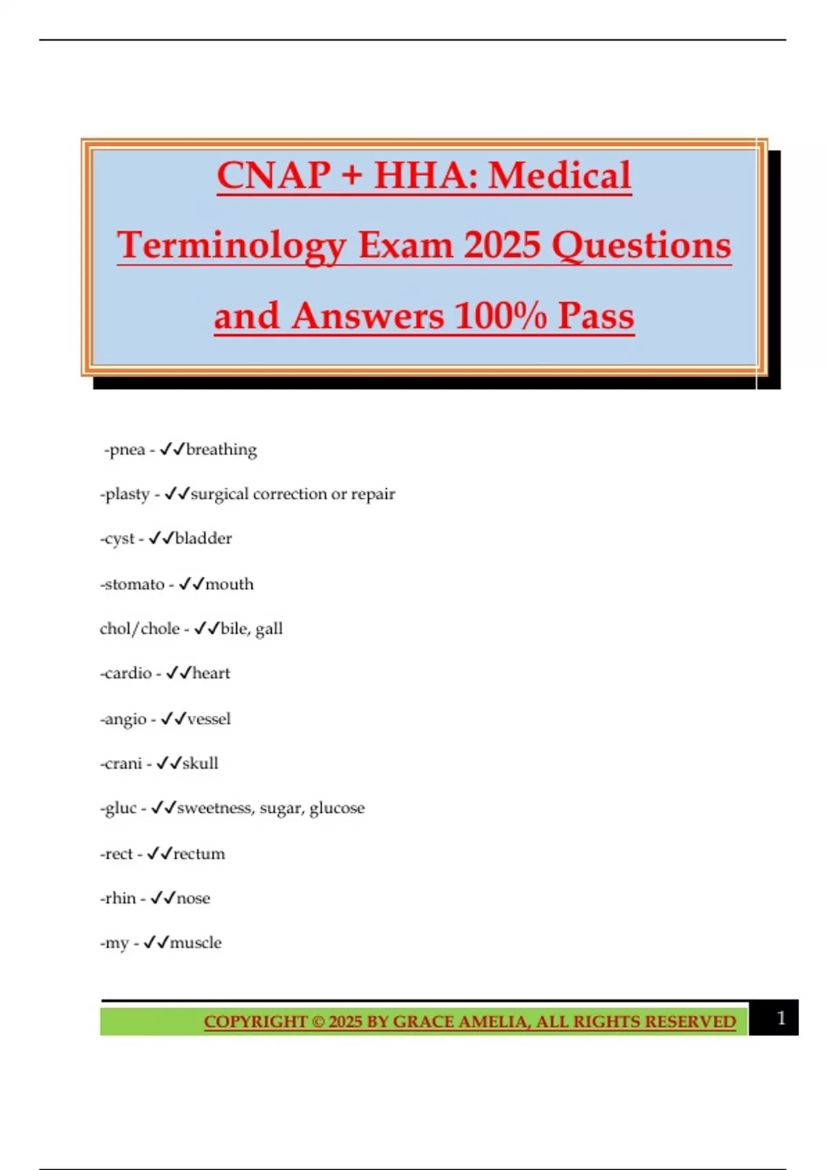 CNAP + HHA: Medical Terminology Exam 2025 Questions and Answers 100% ...