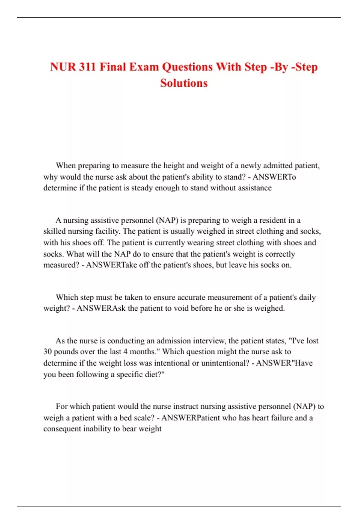 Final Exam Questions With Step -By -Step Solutions - NUR 311 - Stuvia US