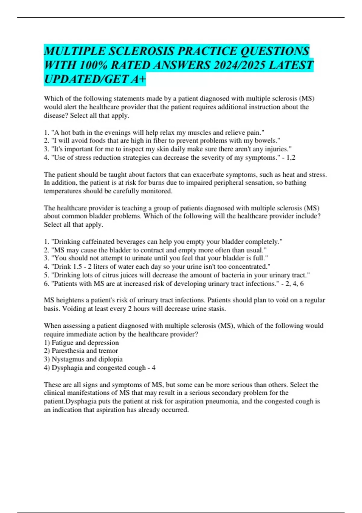 MULTIPLE SCLEROSIS PRACTICE FINAL EXAM QUESTIONS WITH 100% RATED ...